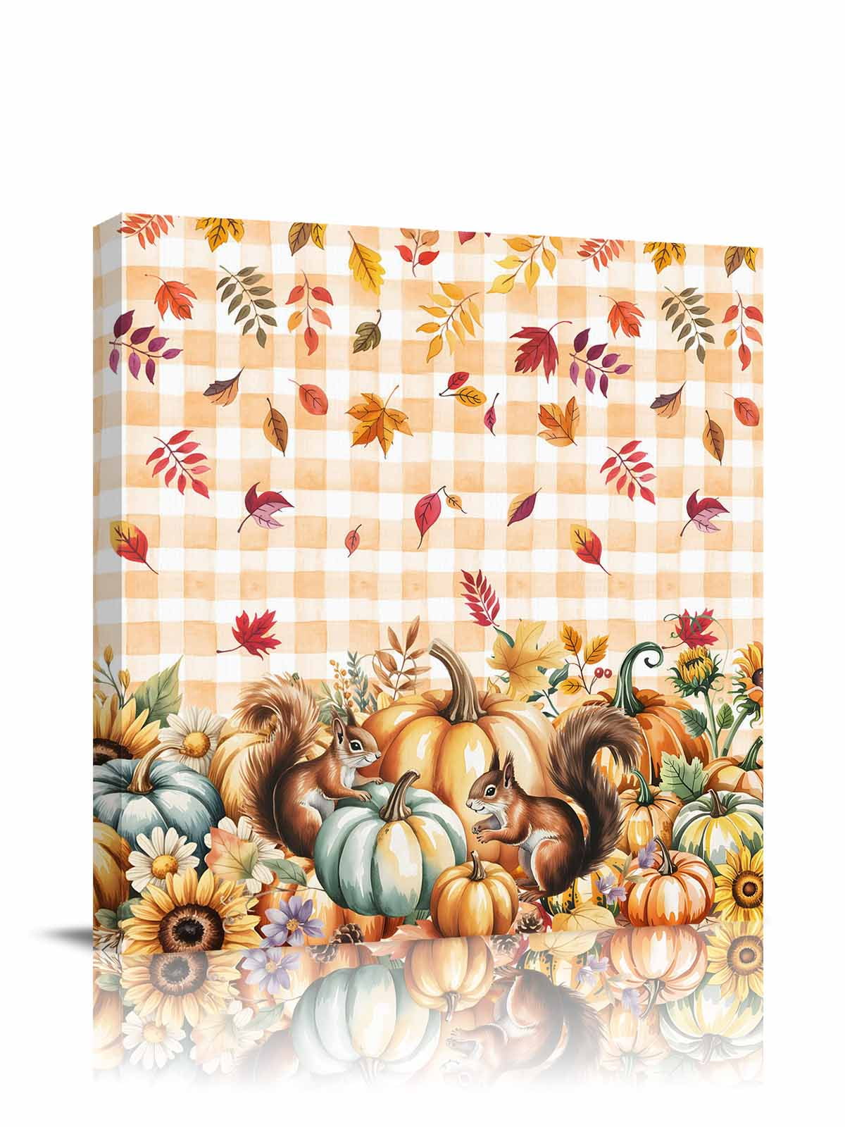 Canvas Print Wall Art Squirrel Pumpkin Fall Flower Leaves Orange Plaid ...