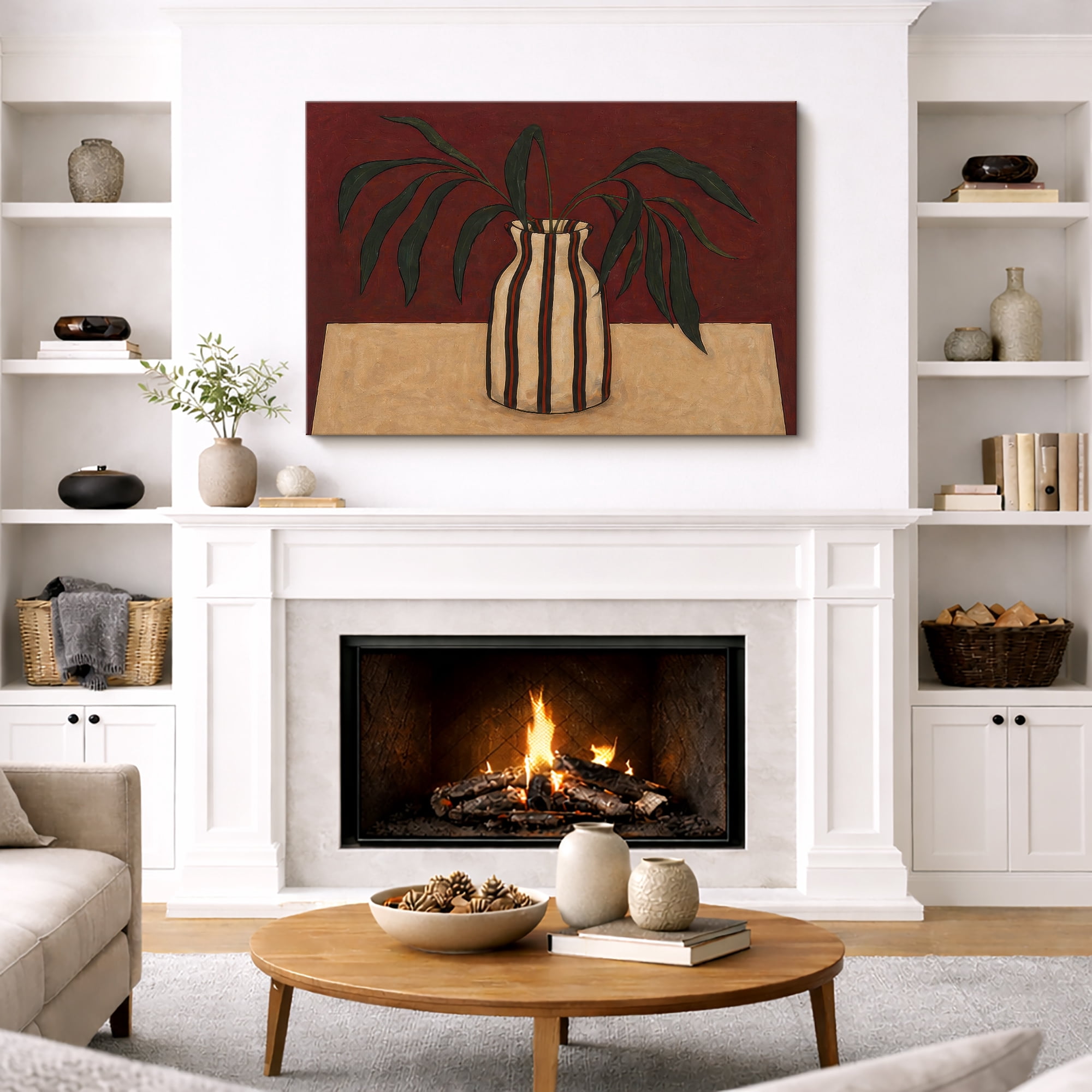 Canvas Print Wall Art Striped Vase with Leaves Print Modern Still Life ...