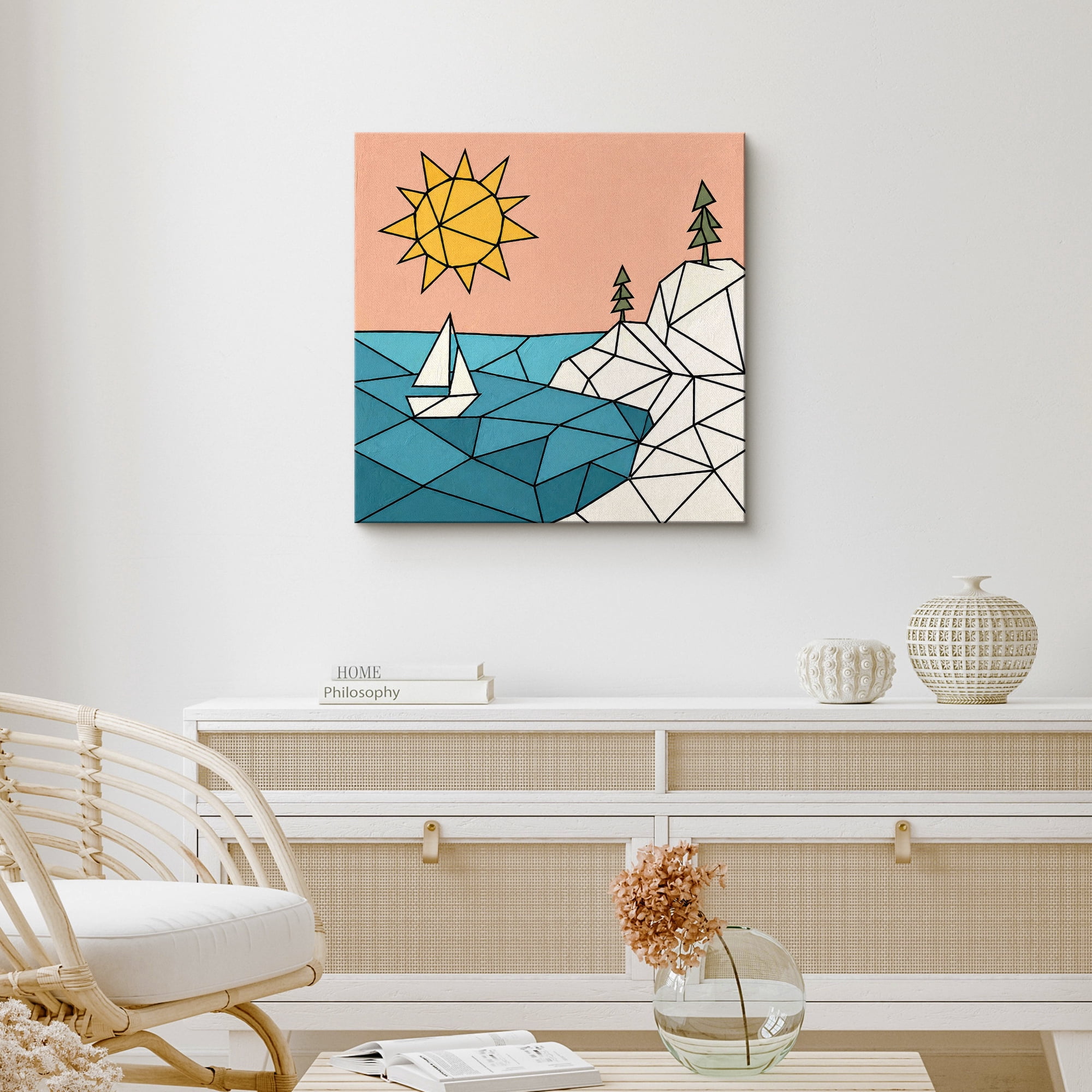 Canvas Print Wall Art Sunny Sailboat on Geometric Sea Print Colorful ...