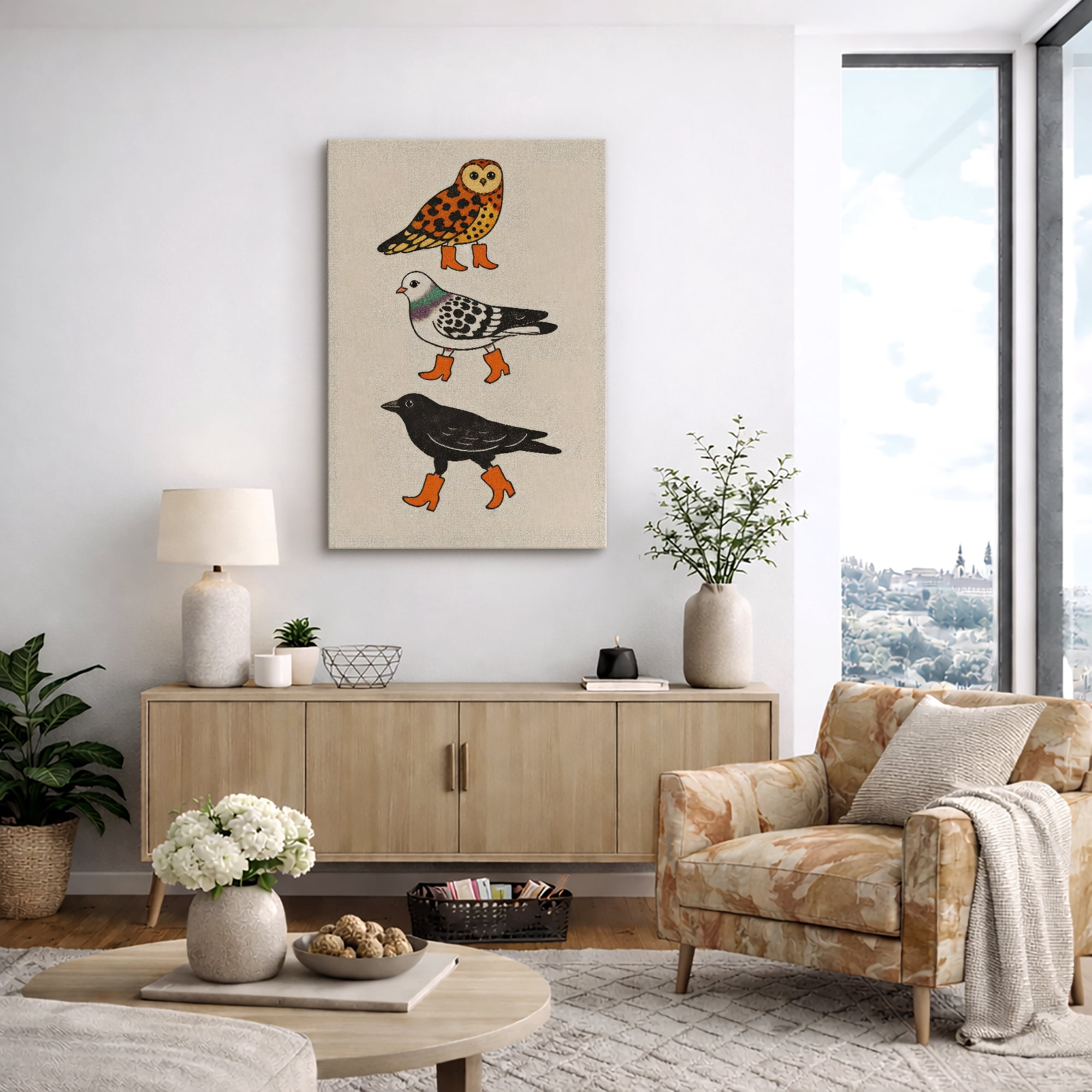 Canvas Print Wall Art Three Birds in Orange Boots Print Playful Animal ...