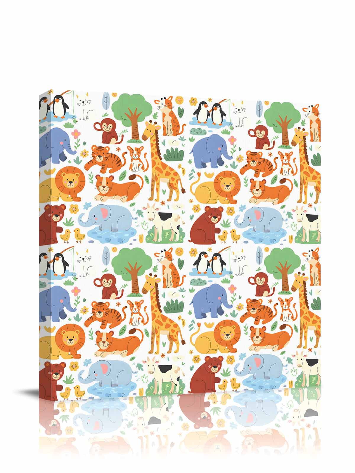 Canvas Print Wall Art Zoo Animals Tiger Lion Elephant Modern Cartoon ...