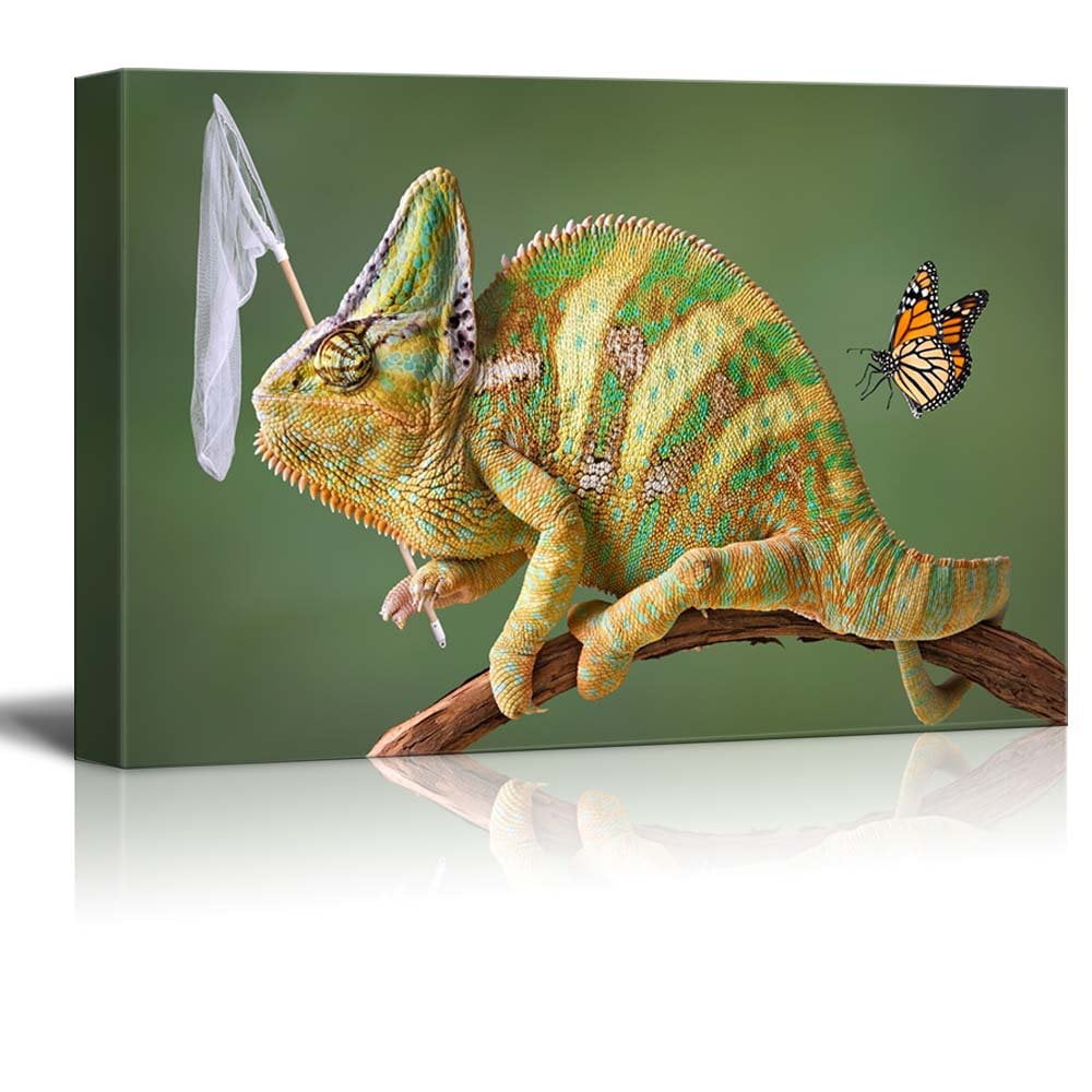 Canvas Prints Wall Art - A Veiled Chameleon is Trying to Catch Some Butterflies - 12" x 18 ...