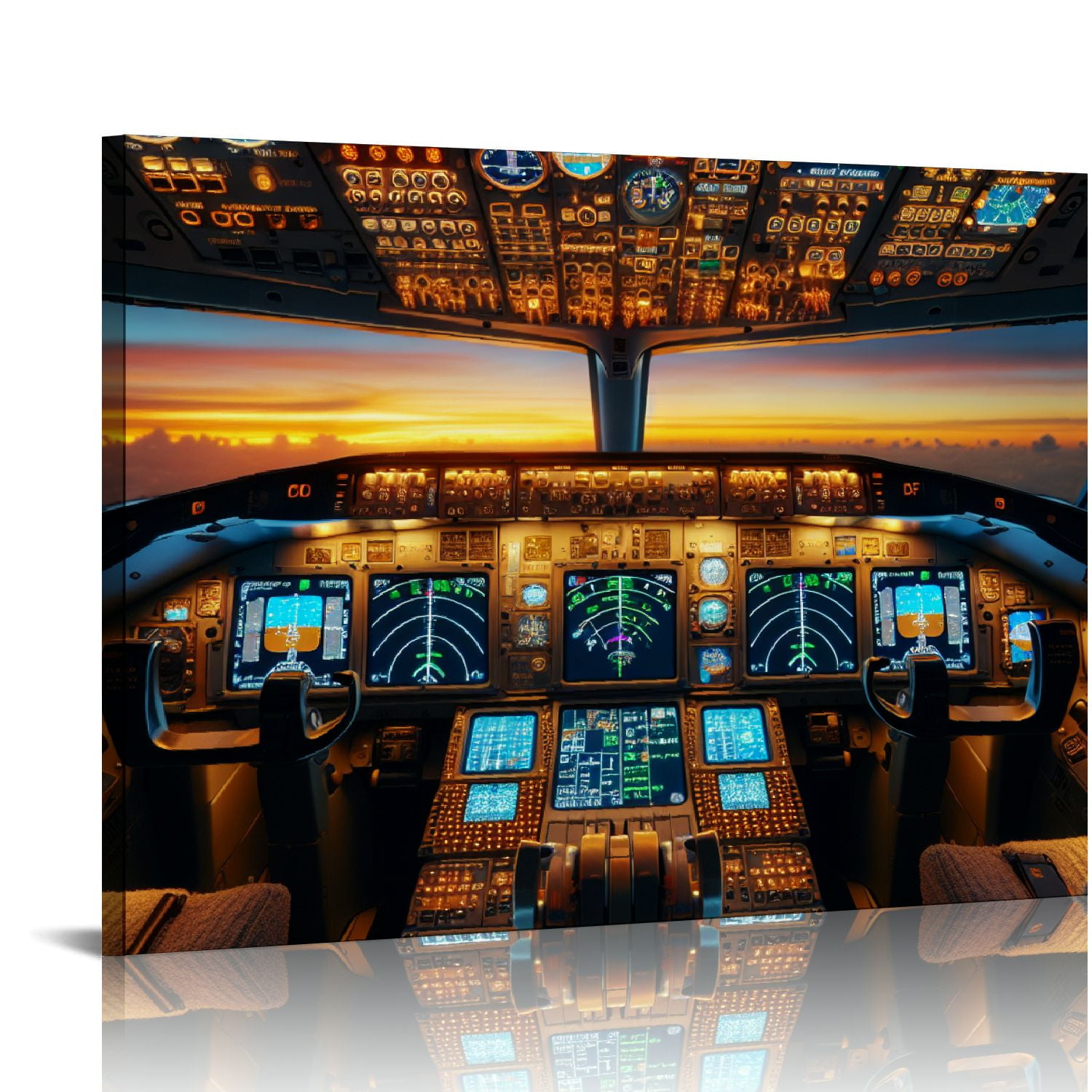 Canvas Prints Wall Art Airplane Cockpit Flight Deck in Sunset Photo Art ...