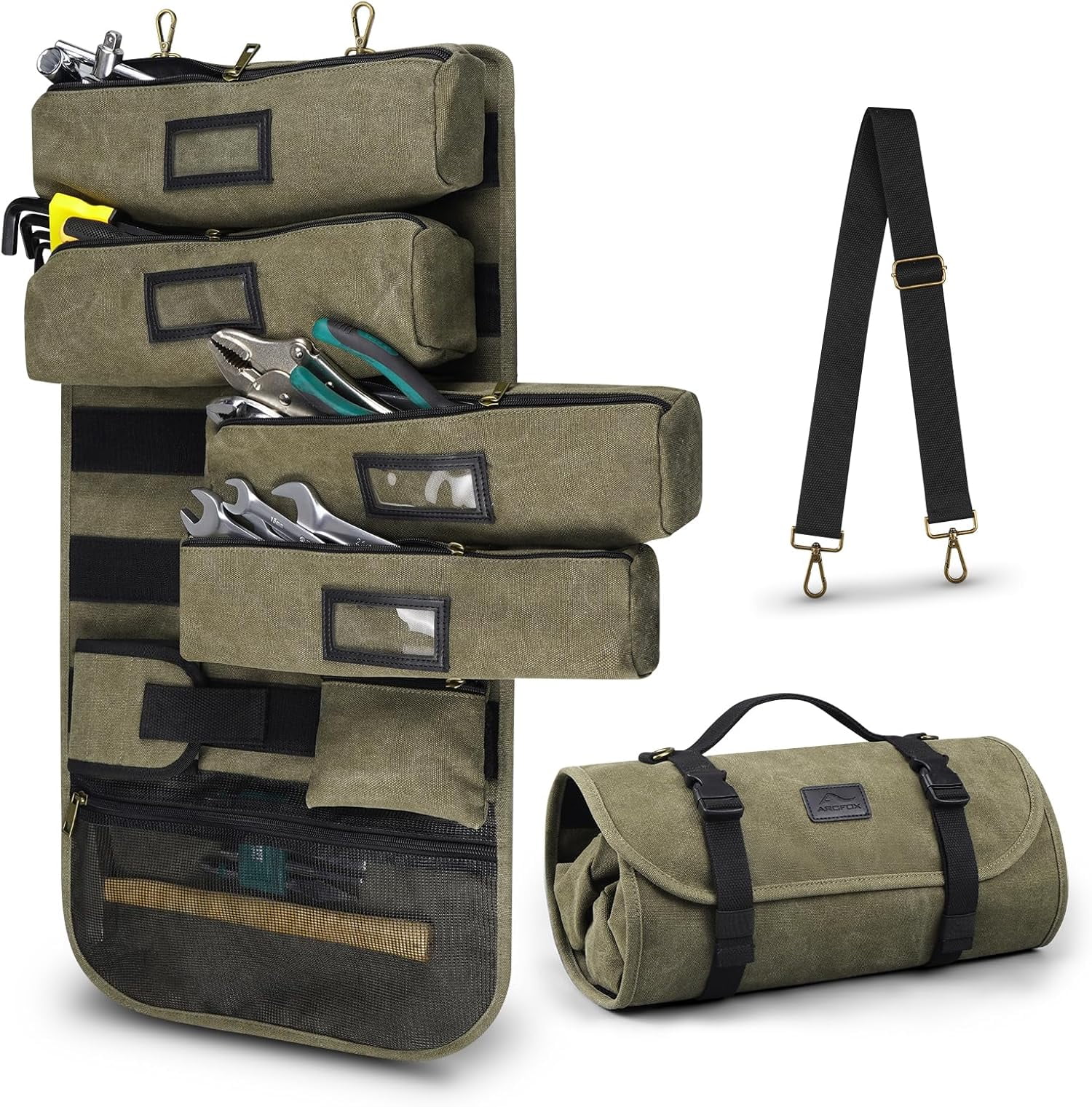 Canvas Roll Up Tool Bag Organizer, 4 Labels Removable Large Pouches, 1 ...
