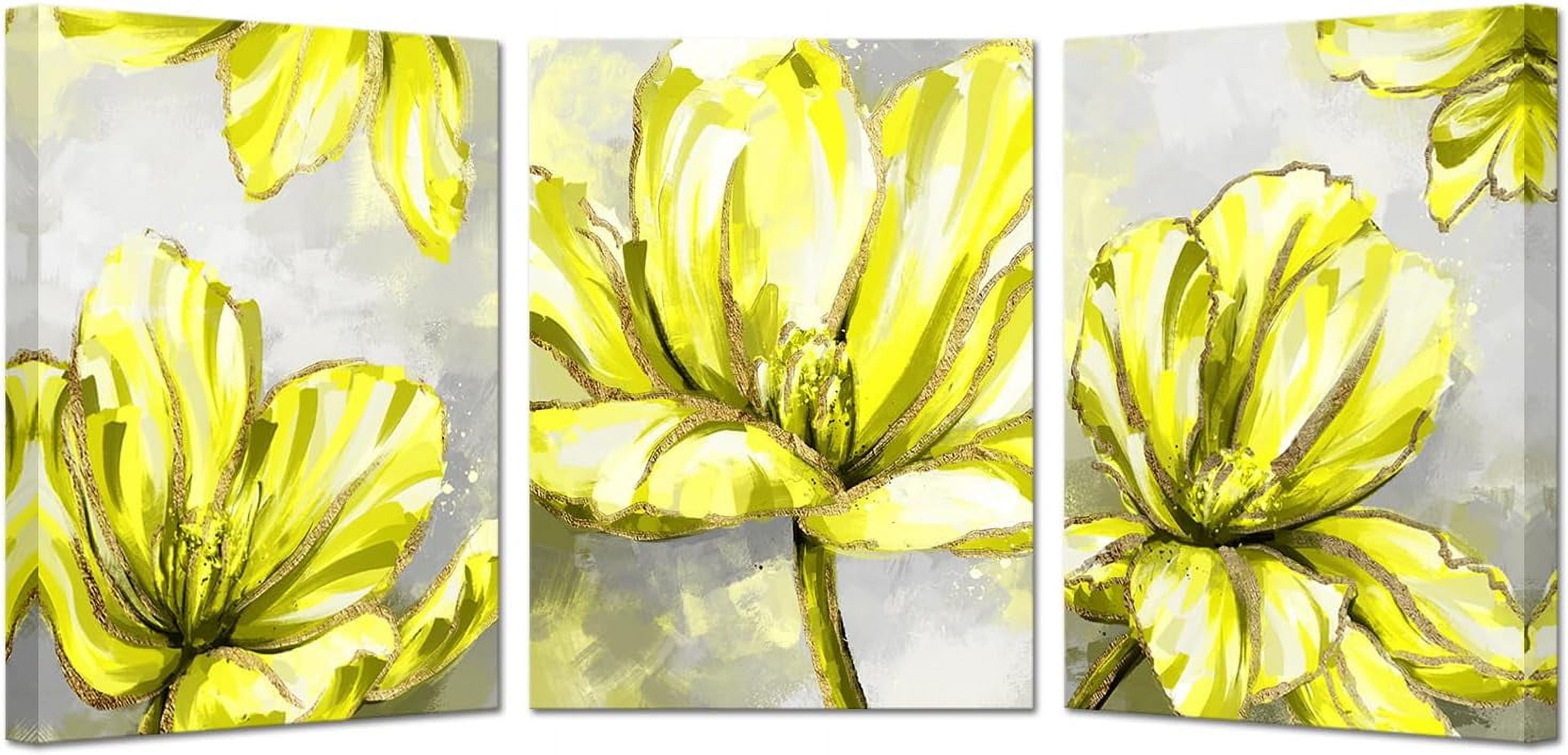 Canvas Set of 3 Wall Art Flower Triptych Artwork Modern Gray Pink Floral Picture Painting ...