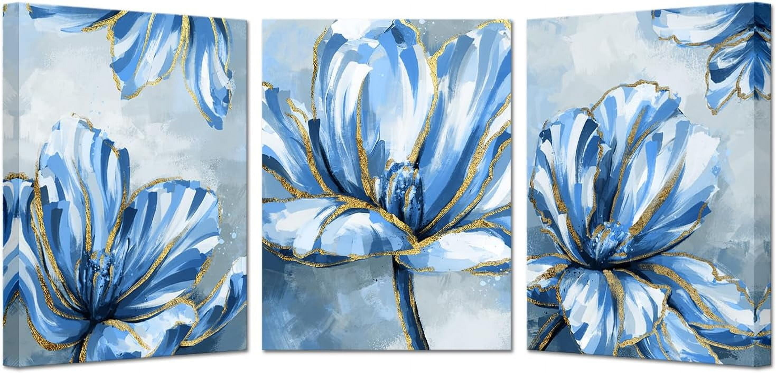 Canvas Set of 3 Wall Art Flower Triptych Artwork Modern Gray Pink Floral Picture Painting ...
