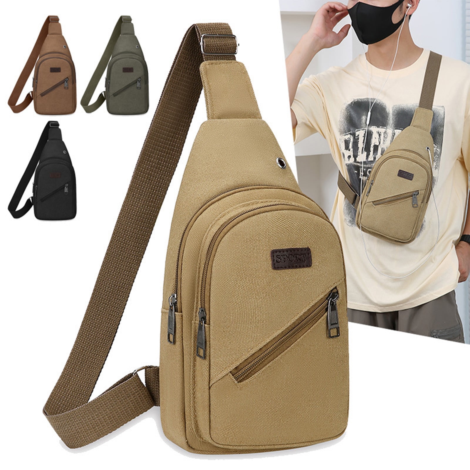 Canvas Sling Backpack with USB Charging Port, Headphone Hole, Multiple ...