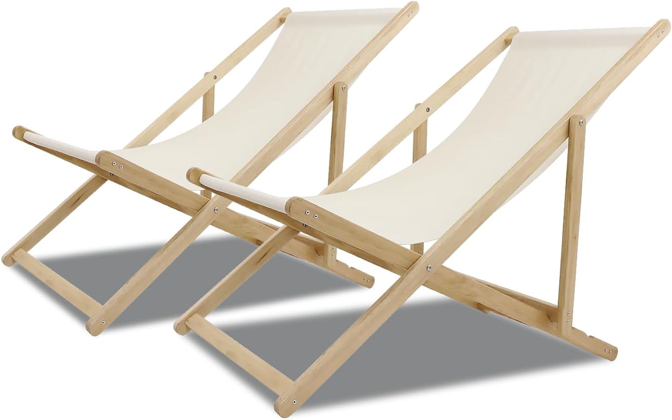 Canvas Sling Chair Set of 2, Outdoor Wooden Patio Lounge Chairs Made of ...