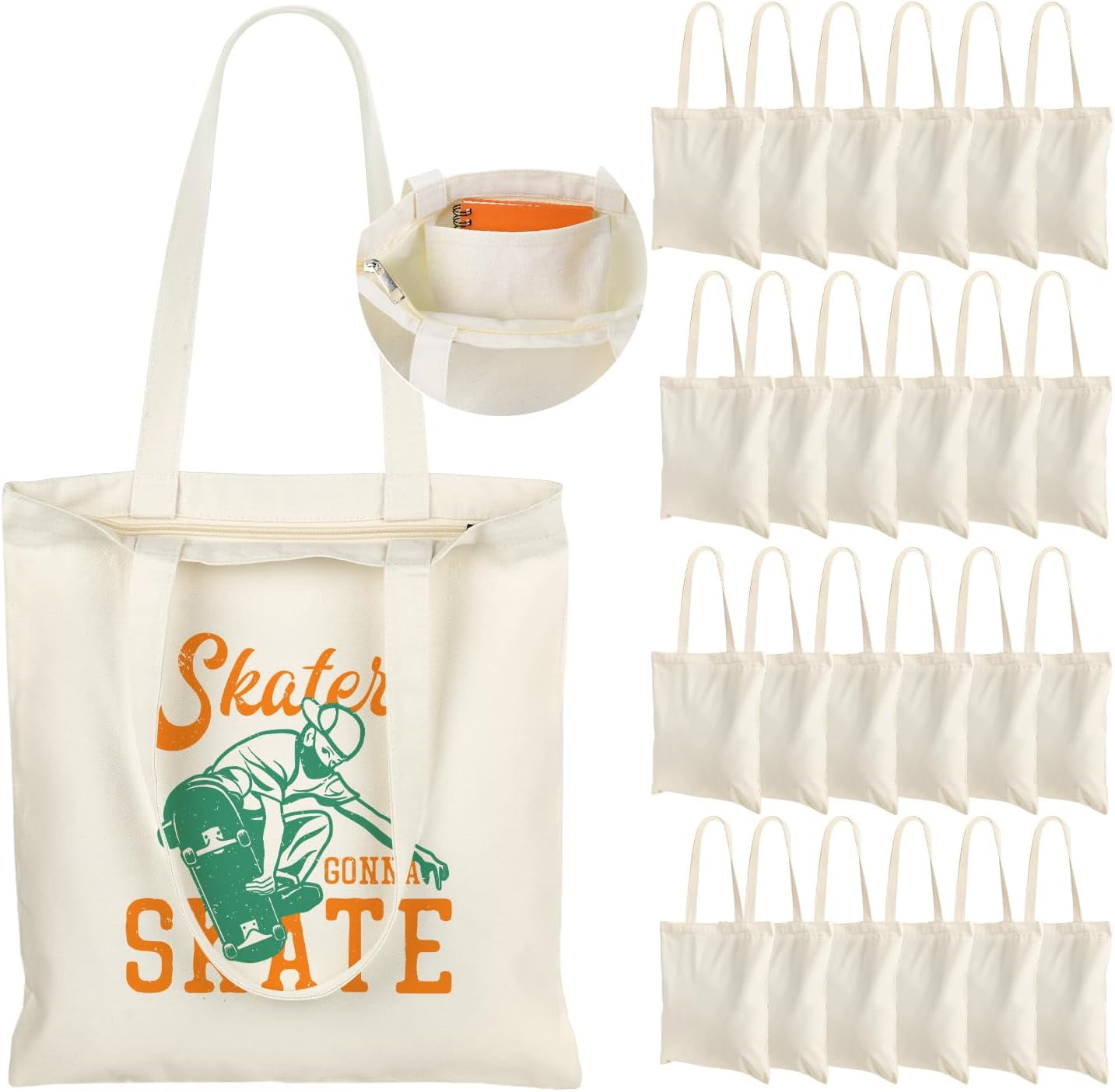 Canvas Tote Bag Bulk with Zipper and Pocket, 24 Pack 13x15 Inches Blank ...