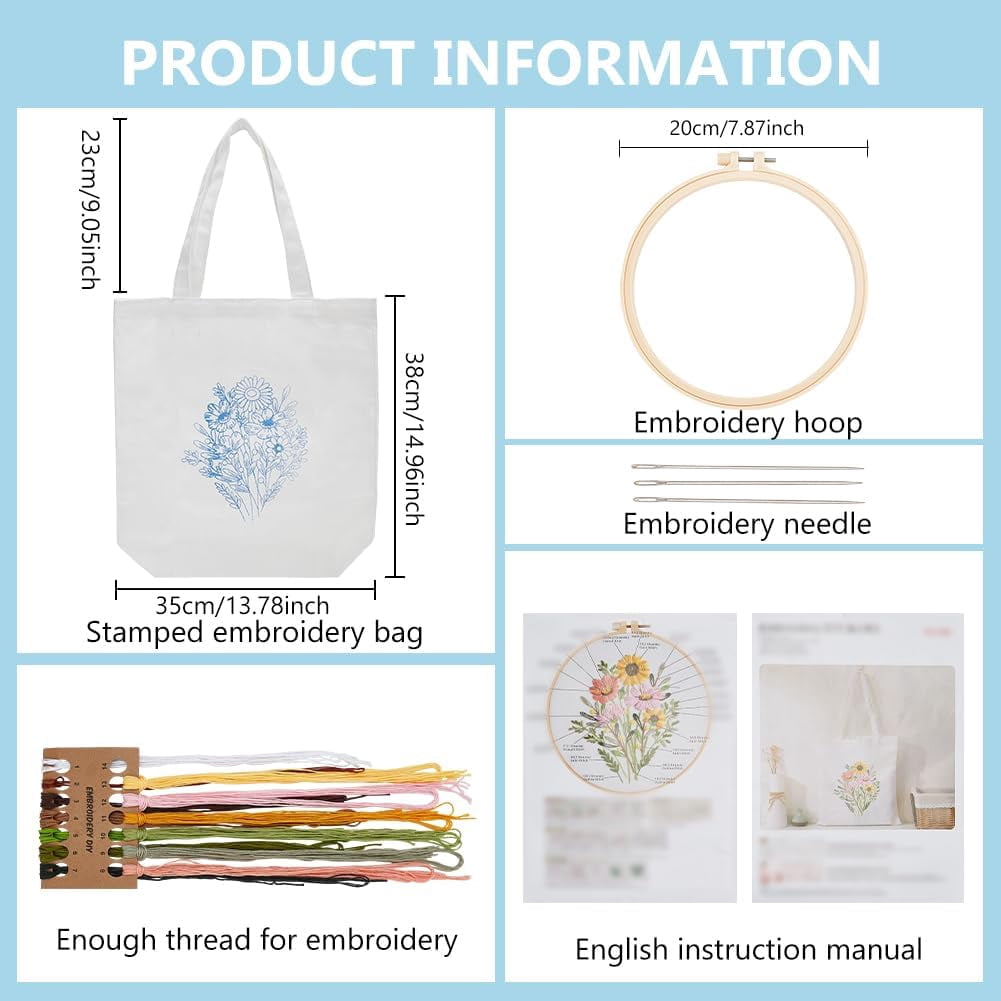 Canvas Tote Bag Embroidery Kit for Beginners White Embroidery Tote Bag ...