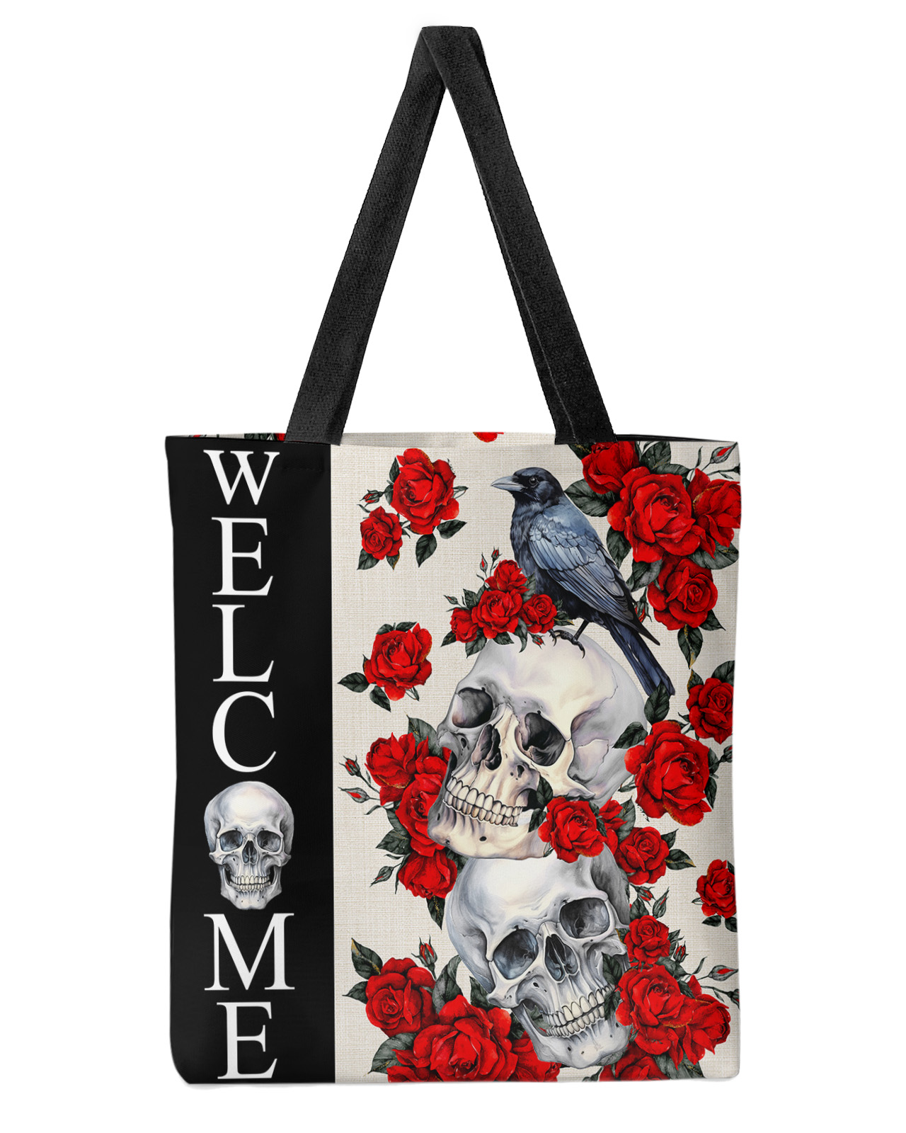 Canvas Tote Bag For Women Halloween Crow Rose Skull Cloth Tote Bags ...
