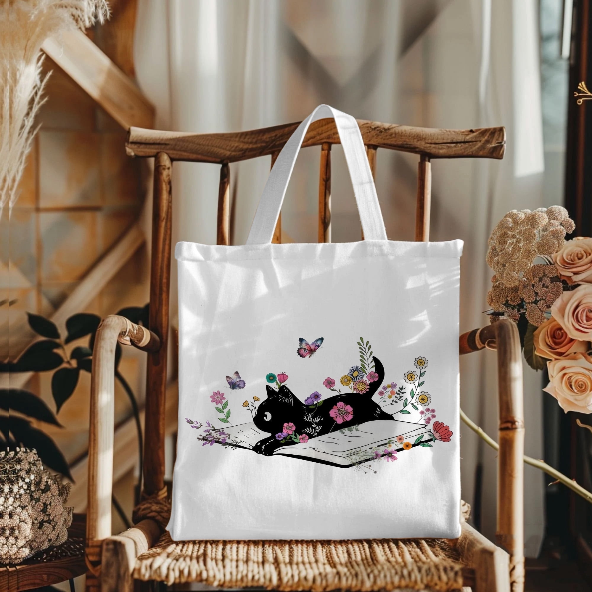 Canvas Tote Bag for Book Lovers – Cute Black Cat Reading Design ...