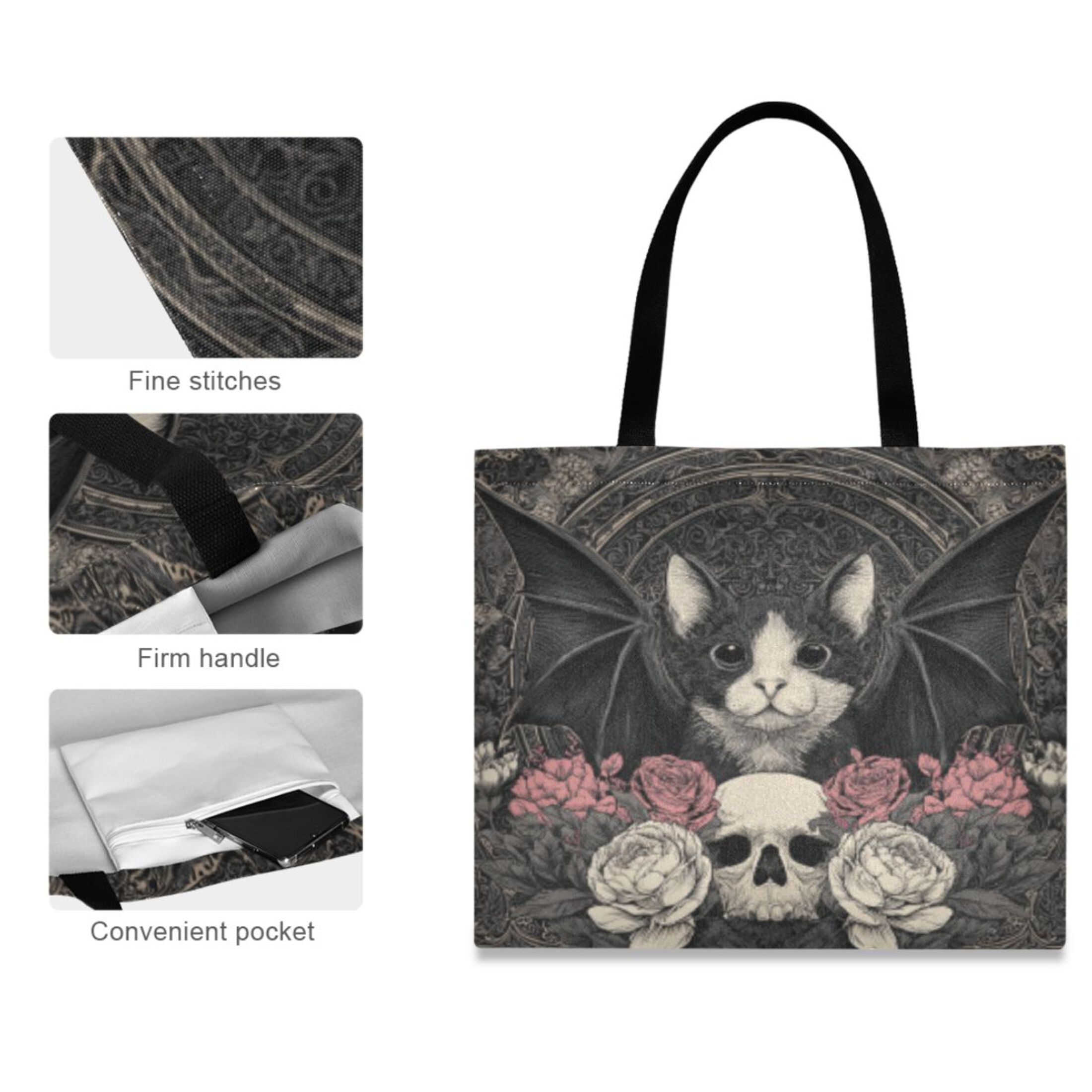 Canvas Tote Bag for Women Girls Design Print Dark Bat Cat Art Totes ...