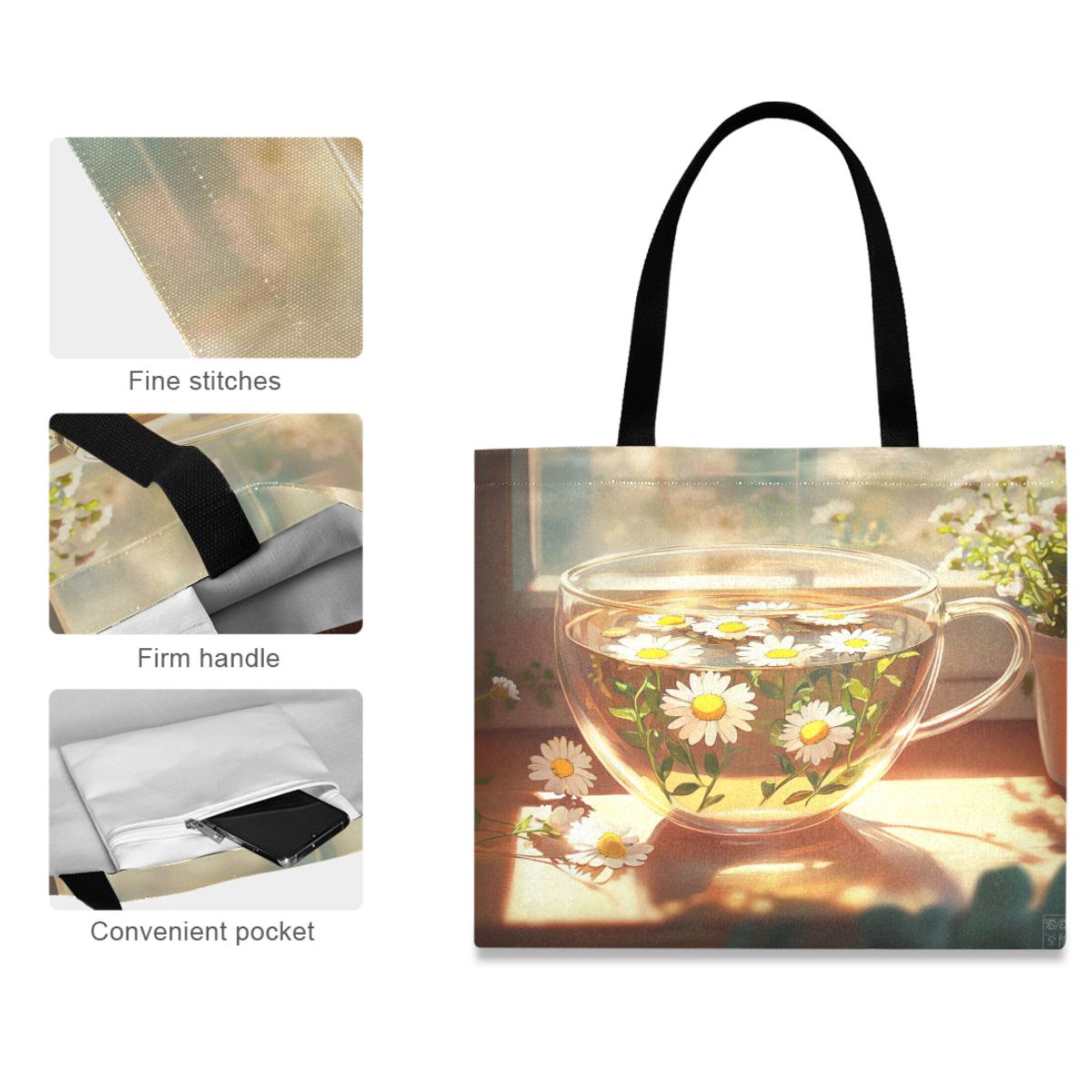 Canvas Tote Bag for Women Girls Design Print Glass Cup with Chamomile ...
