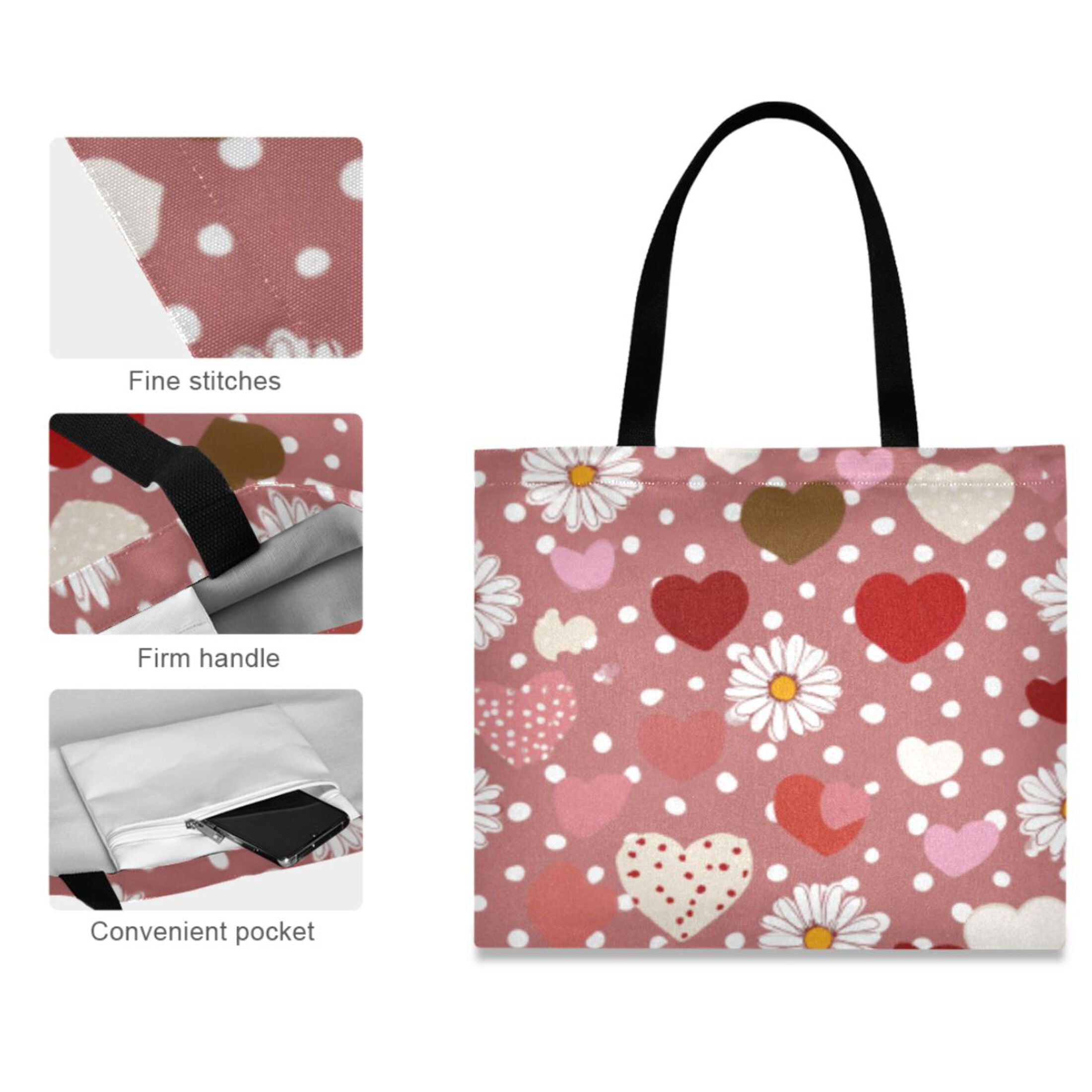 Canvas Tote Bag for Women Girls Design Print Heart and Daisy Pink Totes ...