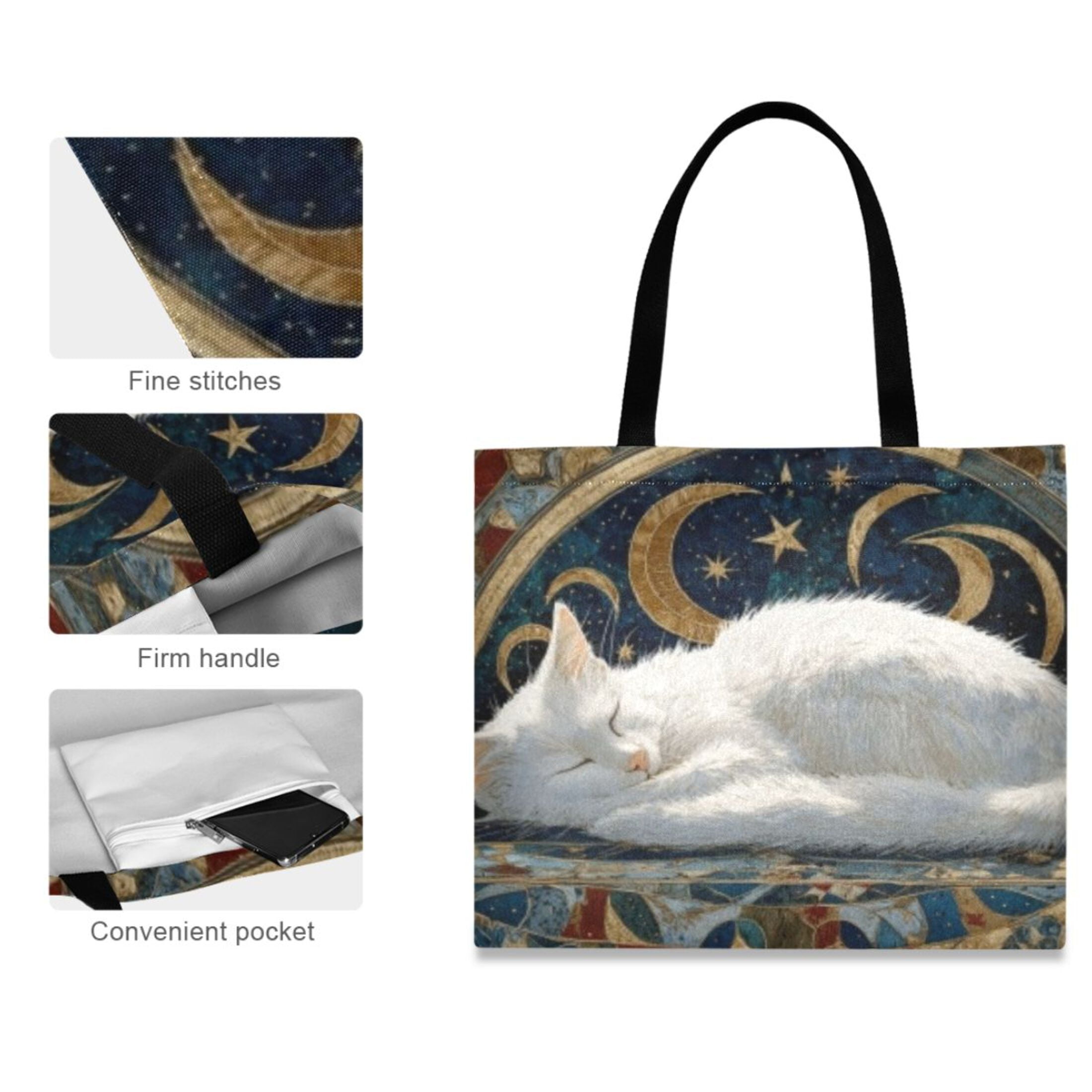 Canvas Tote Bag for Women Girls Design Print Moon Star Sleeping Cat ...