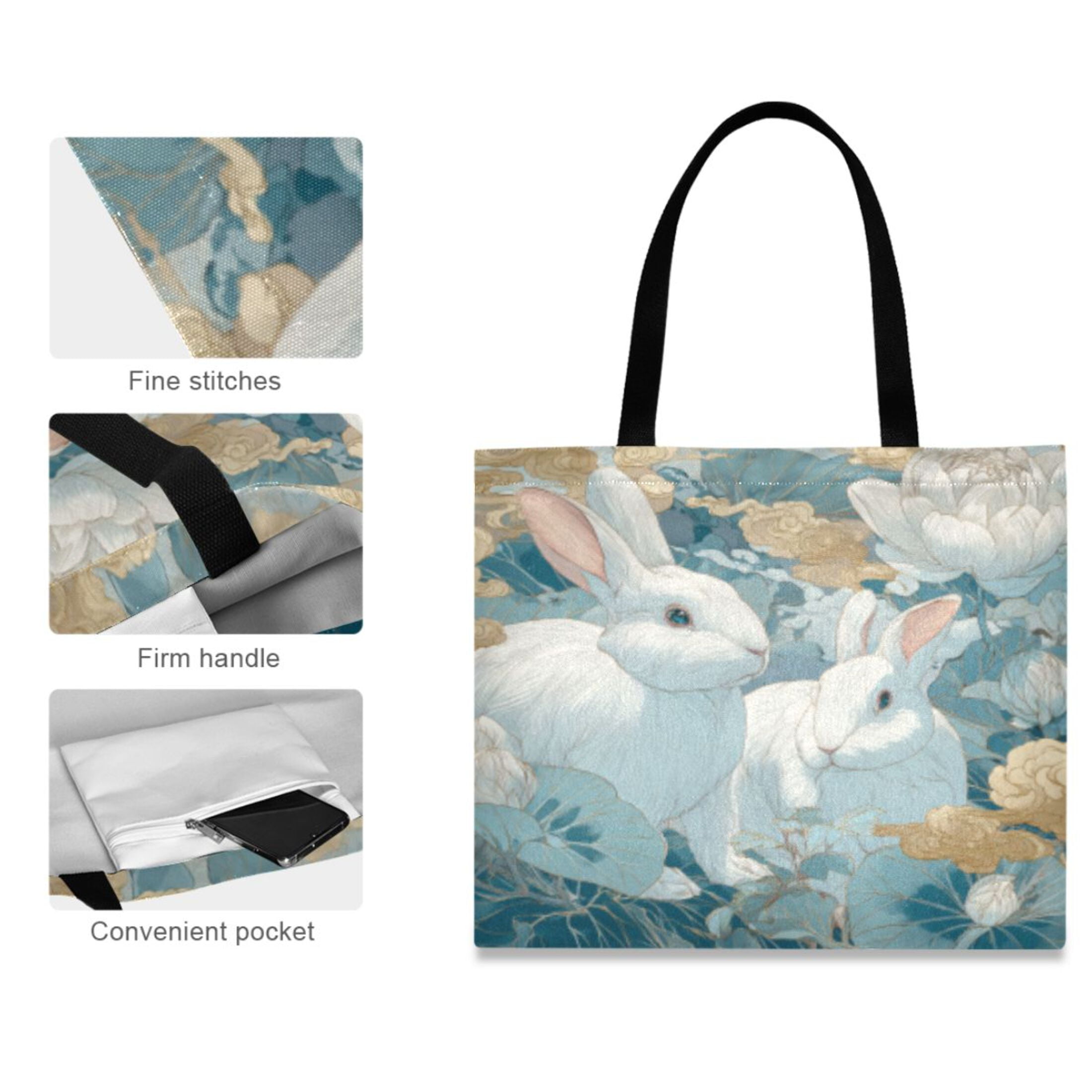 Canvas Tote Bag for Women Girls Design Print Moonlit Rabbits in Bloom ...
