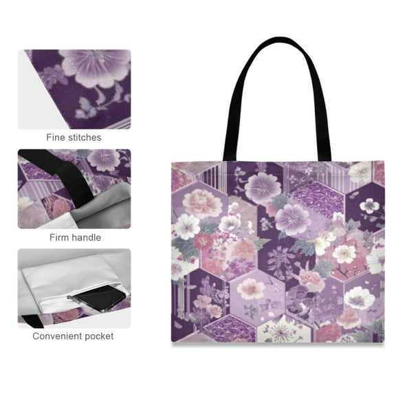 Canvas Tote Bag for Women Girls Design Print Purple Hexagon Floral ...