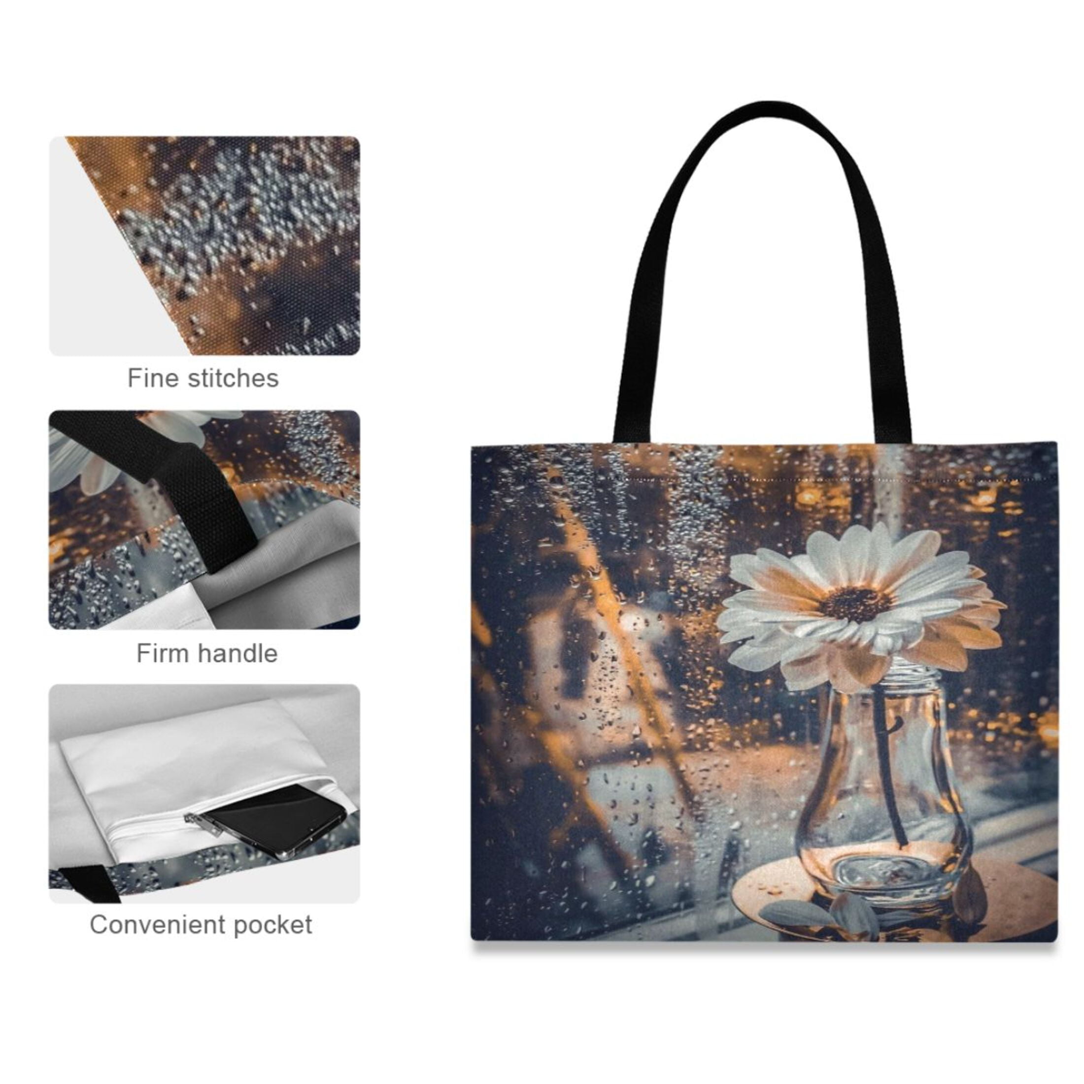 Canvas Tote Bag for Women Girls Design Print Rainy Window with Daisy ...