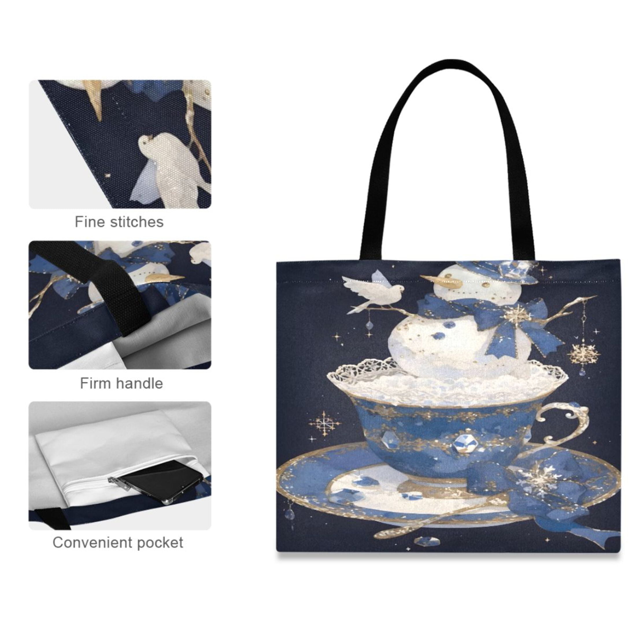 Canvas Tote Bag for Women Girls Design Print Teacup Snowman Totes ...