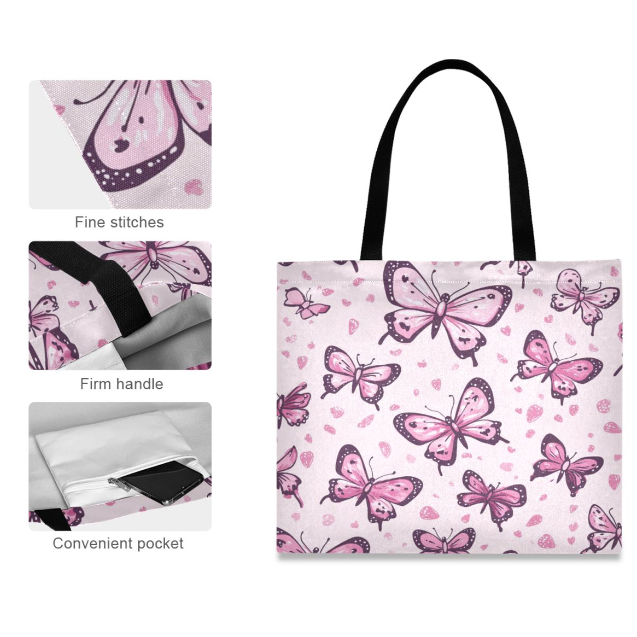 Canvas Tote Bag for Women Girls Design Print Whimsical Pink Butterflies ...