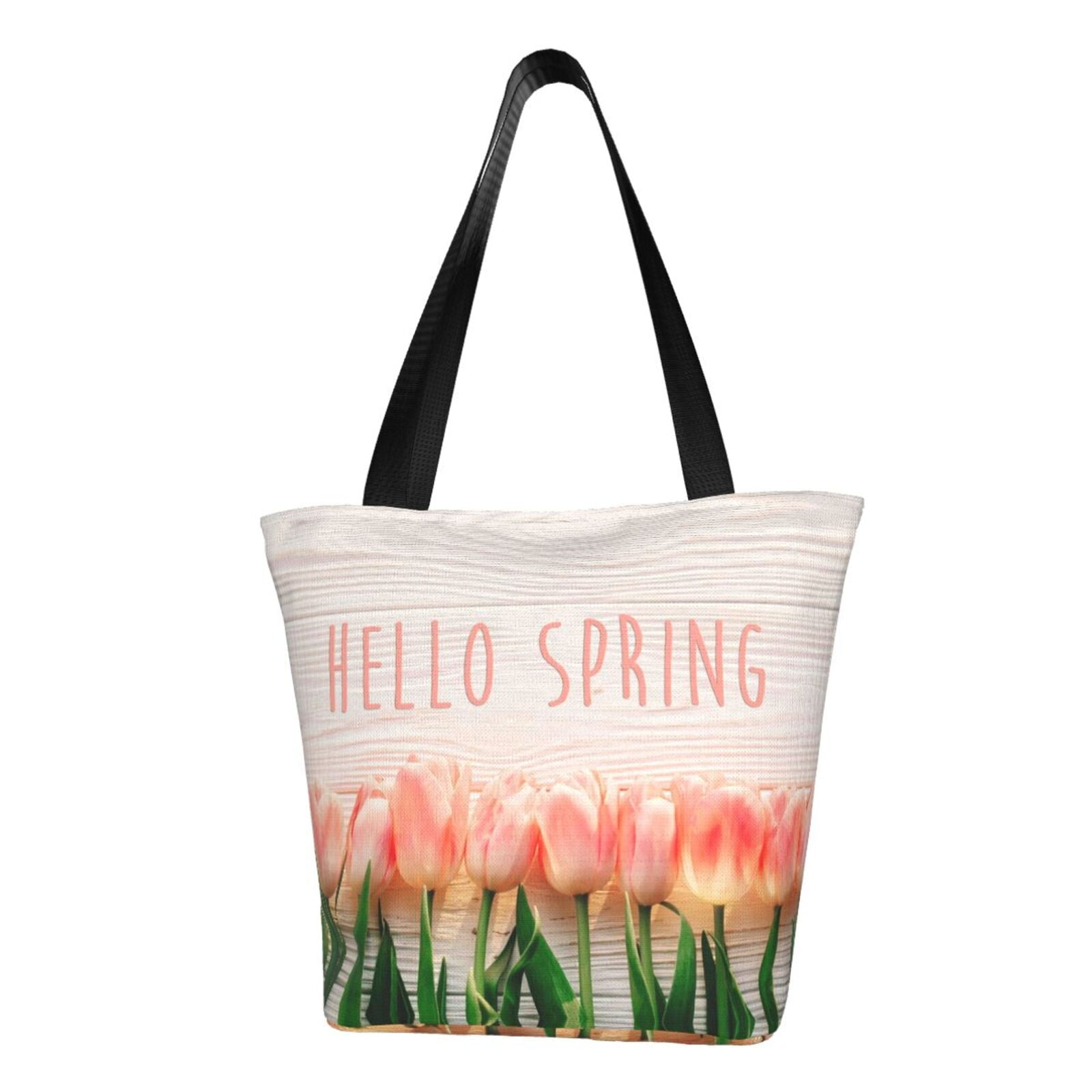 Canvas Tote Bag for Women Hello Spring Shoulder Tote Tag with Inner ...