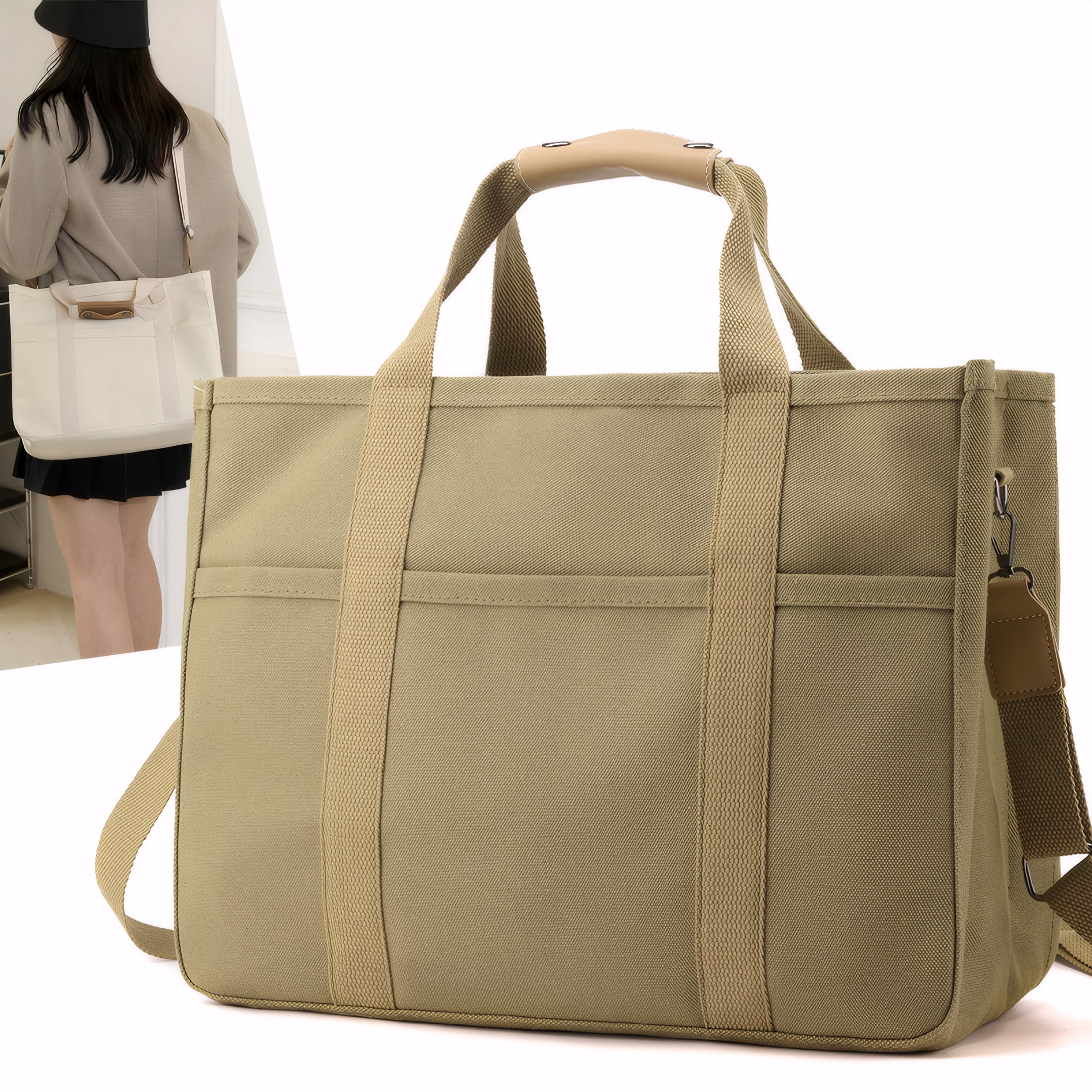 Canvas Tote Bag with Multi-Pocket for Women Large Capacity Crossbody Shoulder Handbag Everything ...