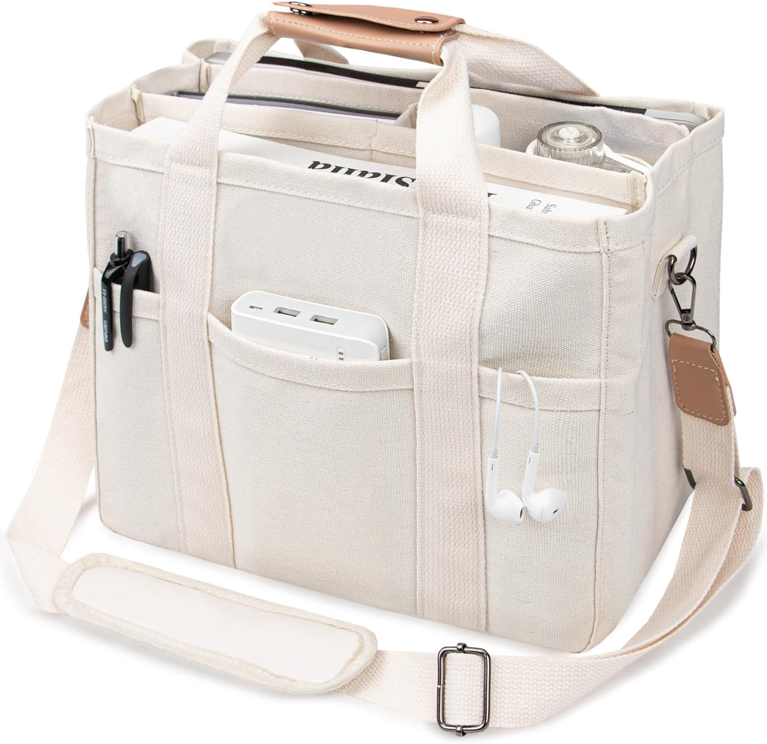 Canvas Tote Bag with Multi-Pocket for Women Large Crossbody Shoulder ...