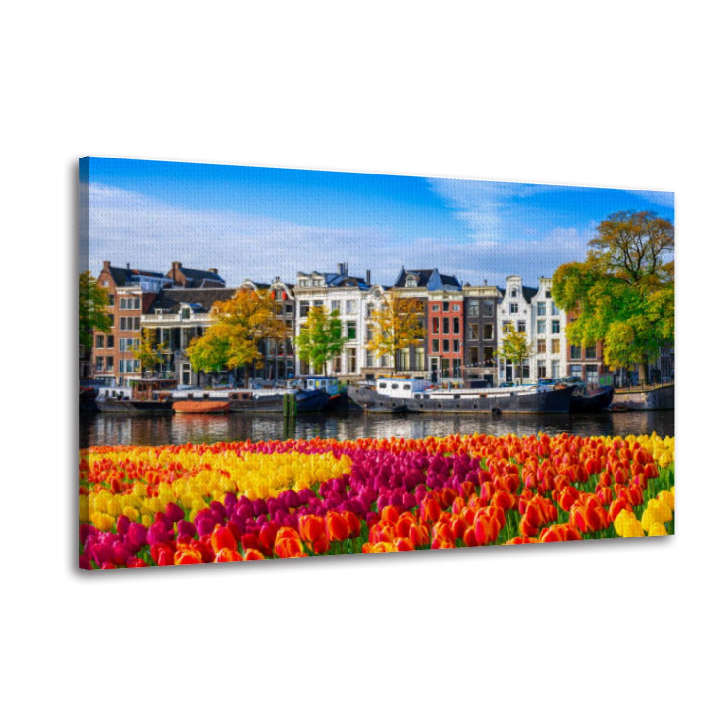 Canvas Wall Art Amsterdam City Houses Canal Waterfront Spring Tulips ...