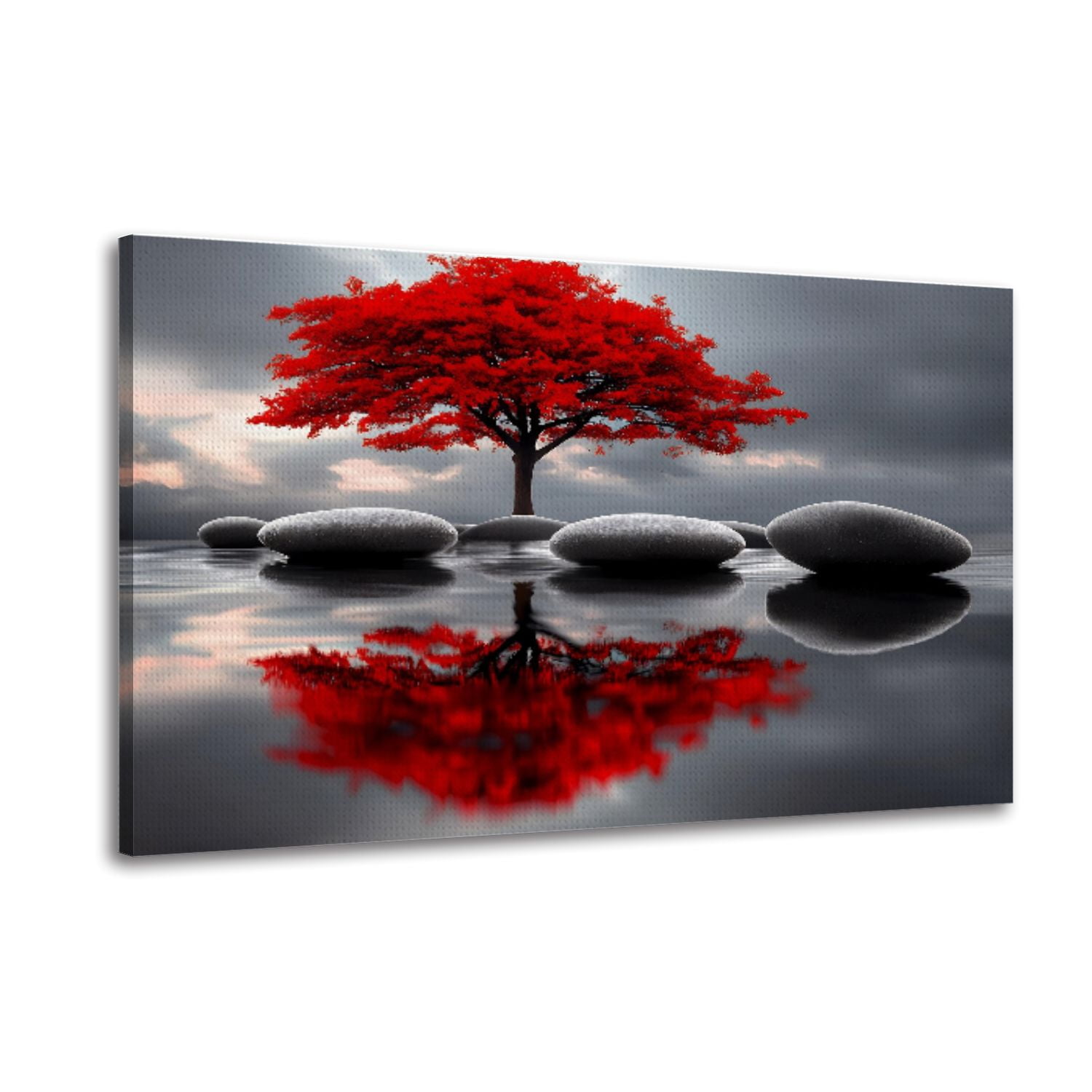 Canvas Wall Art Black Red Tree Zen Stone Forest Landscape Bright Smooth ...