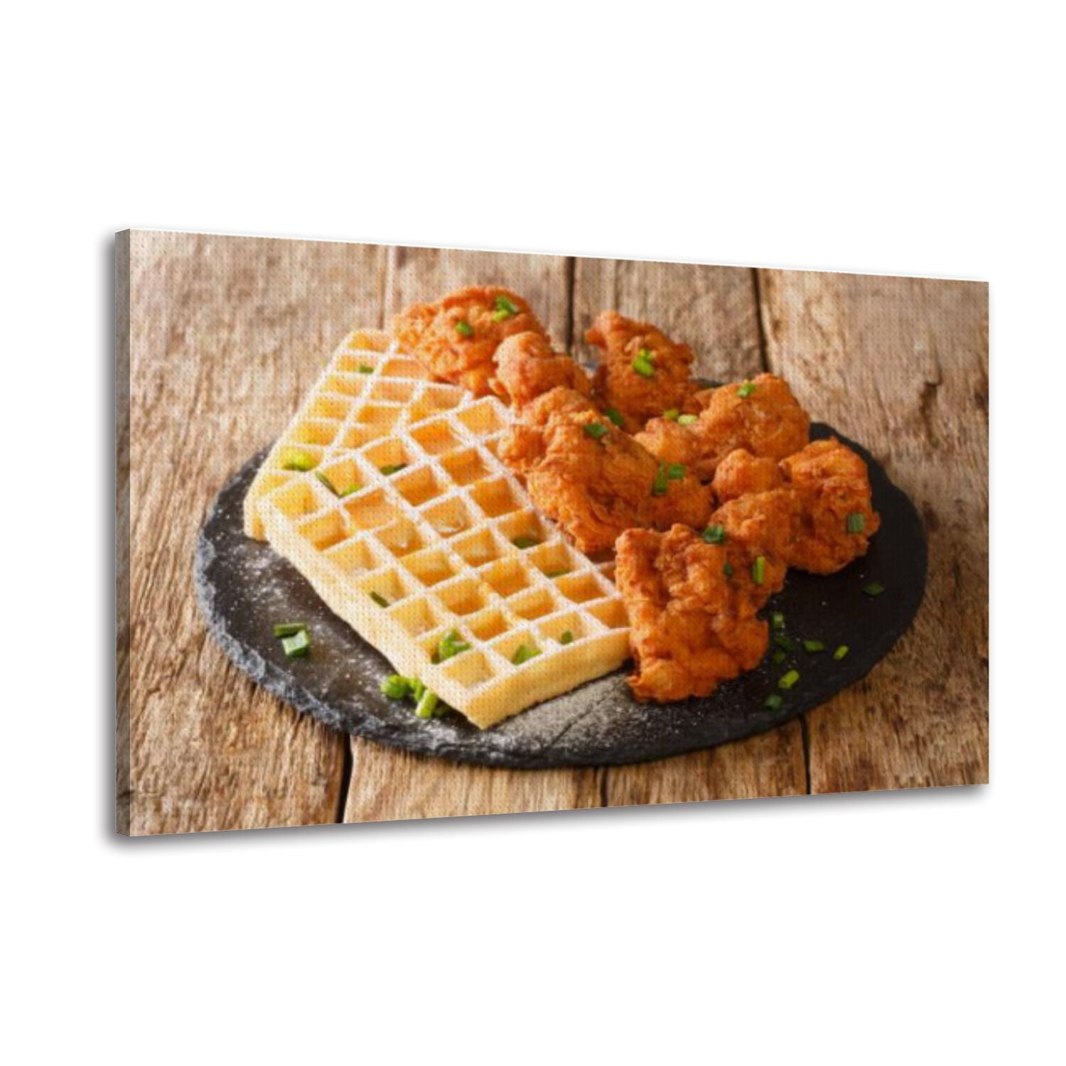 Canvas Wall Art Breaded chicken pieces crispy waffles honey sauce close ...
