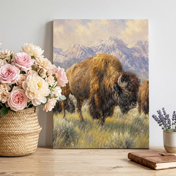 Canvas Wall Art Brown Bison Herd Canvas Art Print Rustic Western Green ...