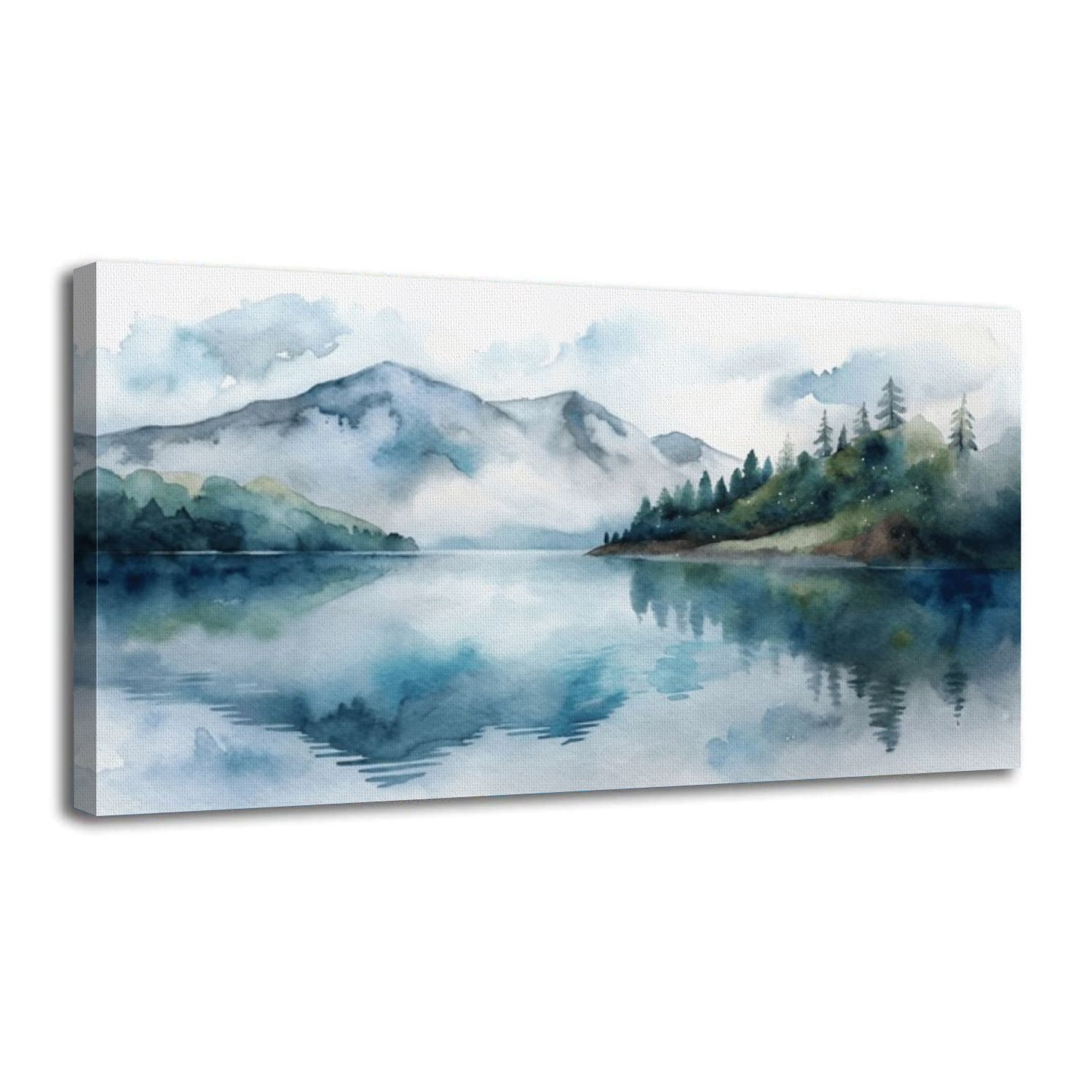 Canvas Wall Art Calming watercolor scene reflective lake bordered by ...