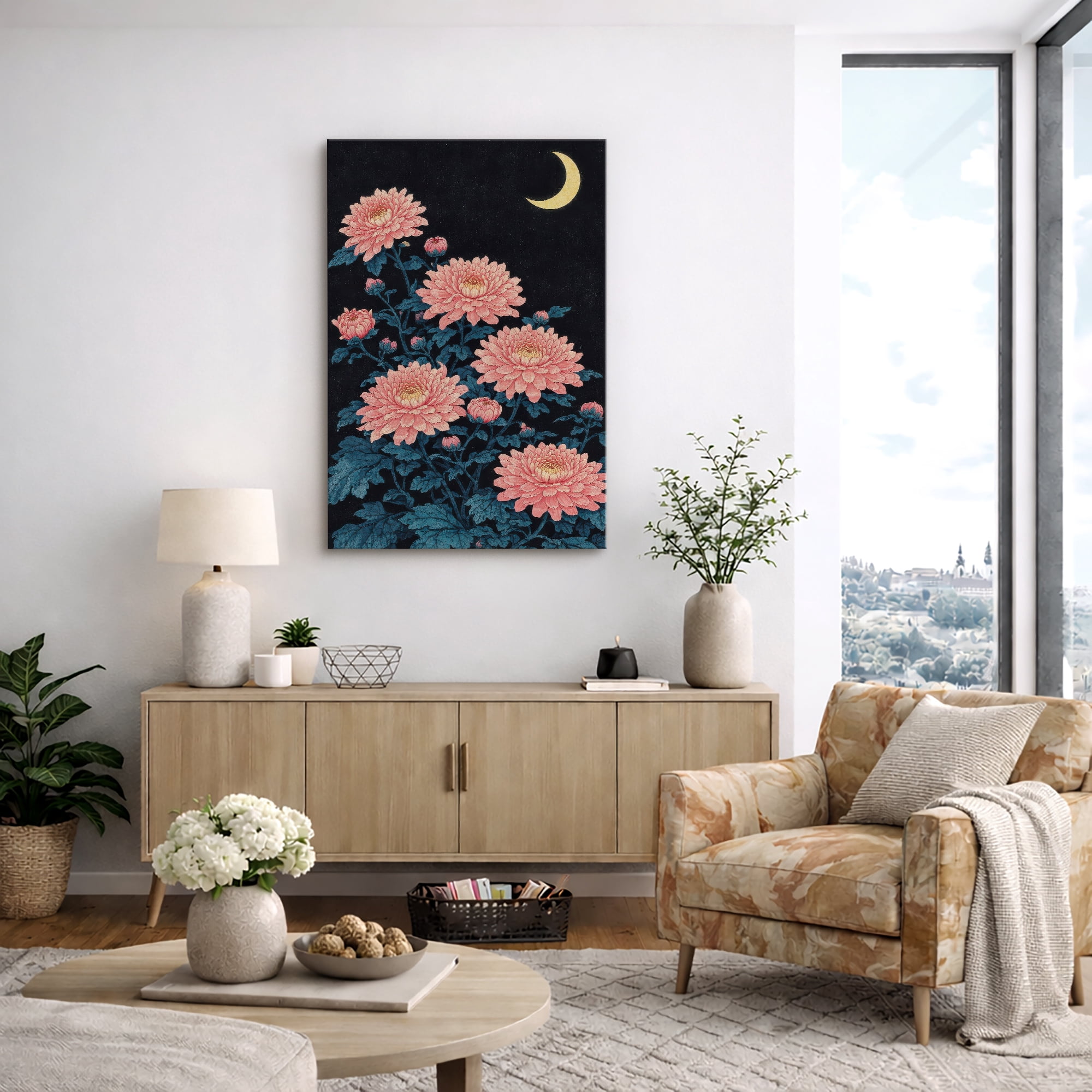 Canvas Wall Art Chrysanthemum Moon Floral Print for Living Room ...