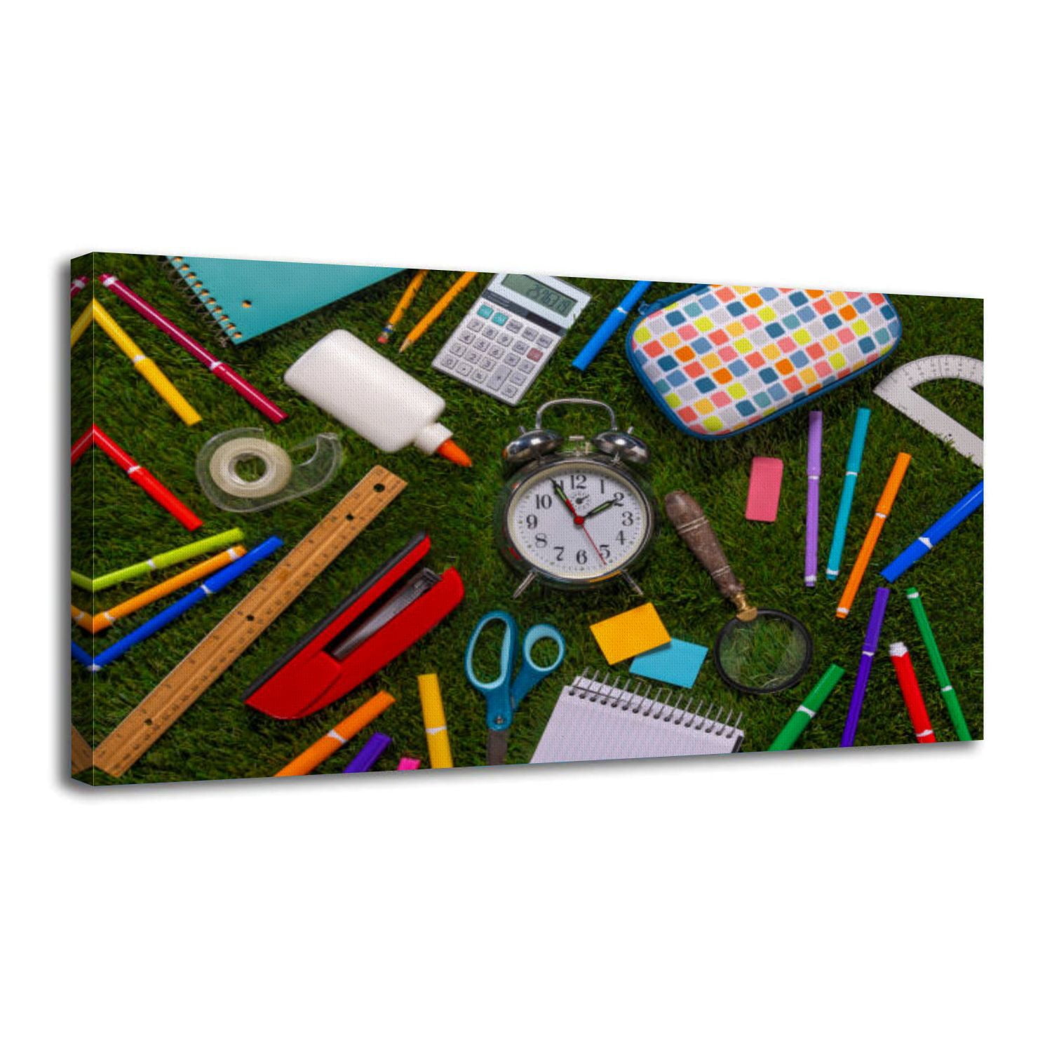 Canvas Wall Art Colorful School Supplies Green Grass Wall Decor for ...