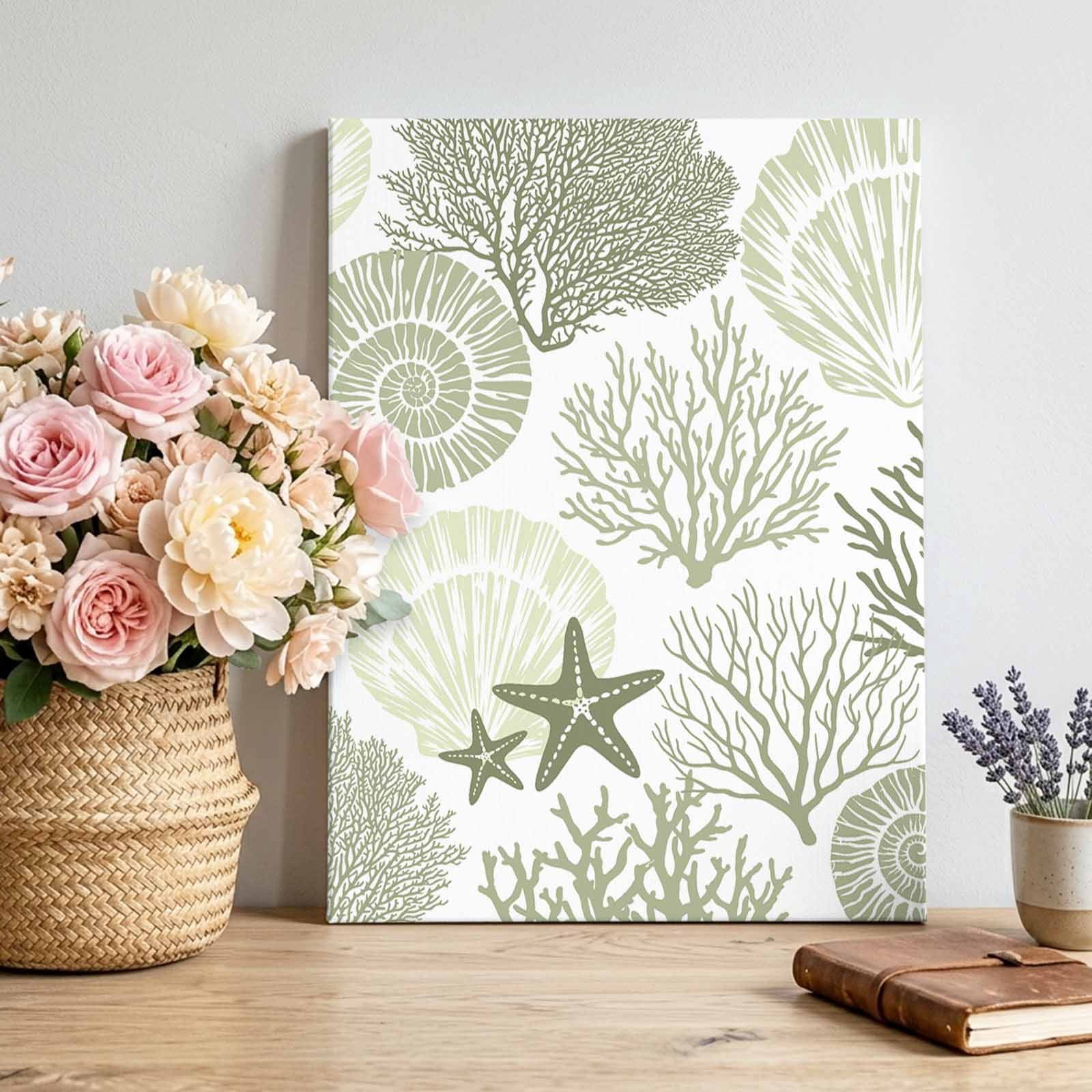 Canvas Wall Art Coral Sea Snail Starfish Canvas Art Print Green White ...