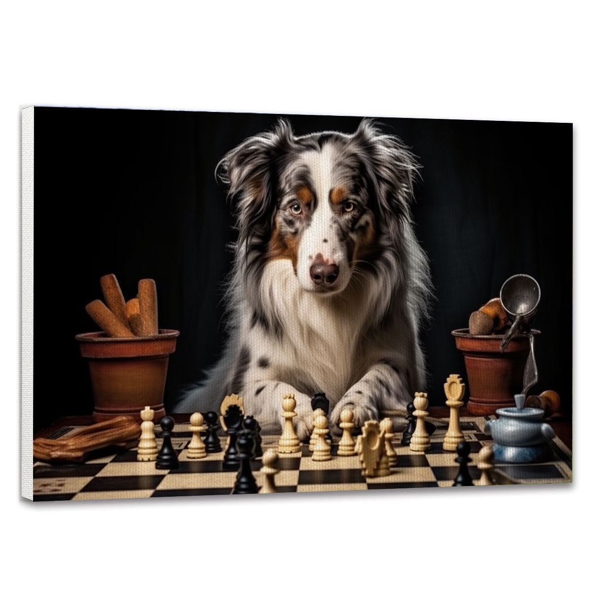 Canvas Wall Art - Dog Playing Chess Canvas - Australian Shepherd Dog ...