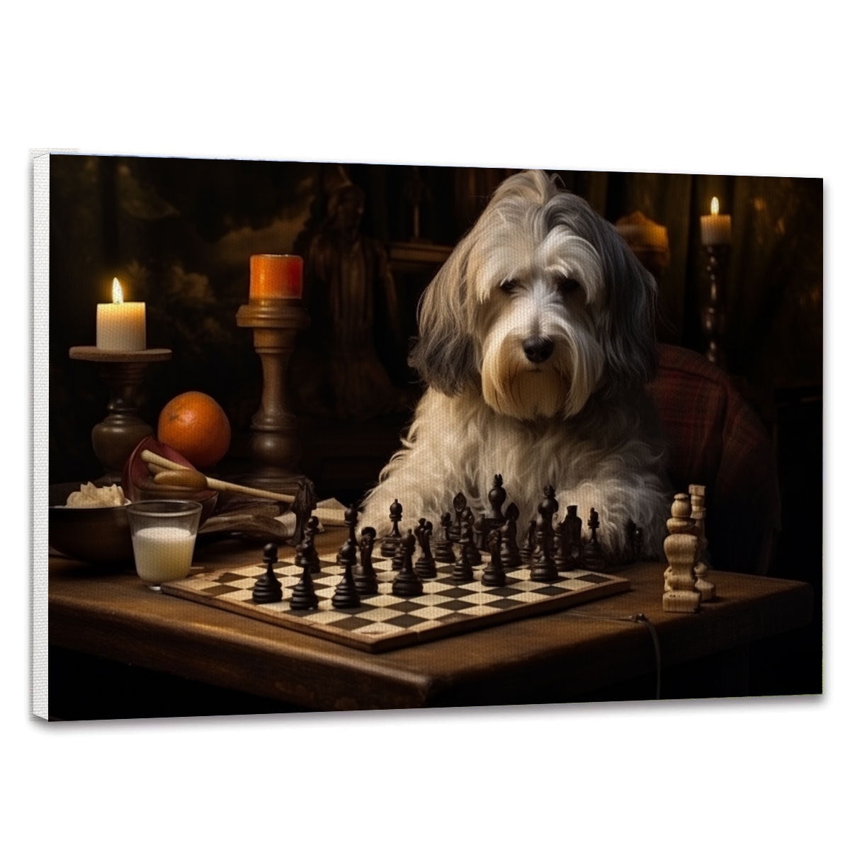 Canvas Wall Art - Dog Playing Chess Canvas - Polish Lowland Sheepdog ...