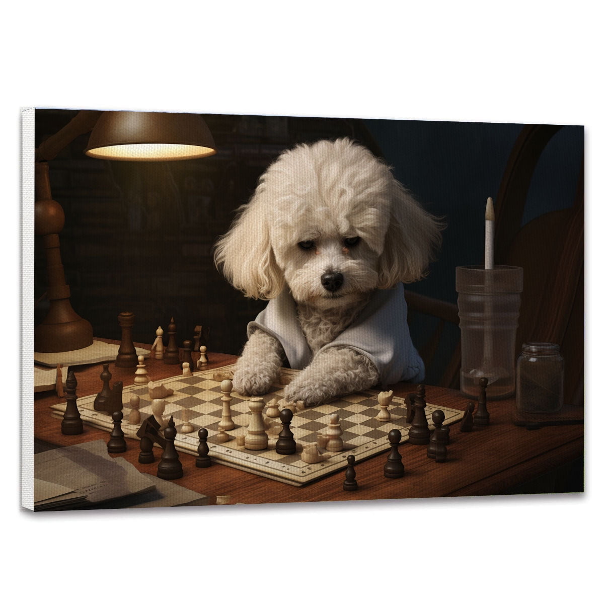 Canvas Wall Art - Dogs Playing Chess Canvas - Bichon Frise Dog Canvas ...