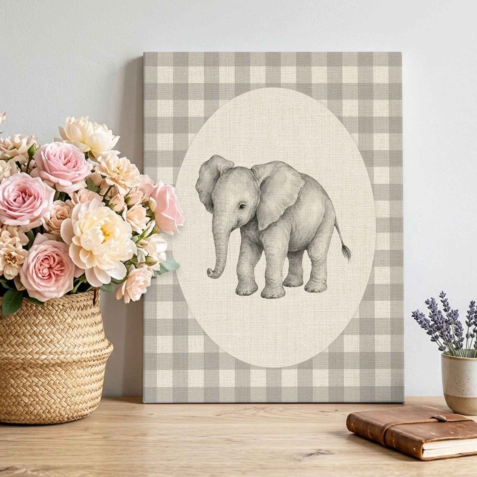Canvas Wall Art Elephant Canvas Art Print Gray Plaid Modern Funny ...