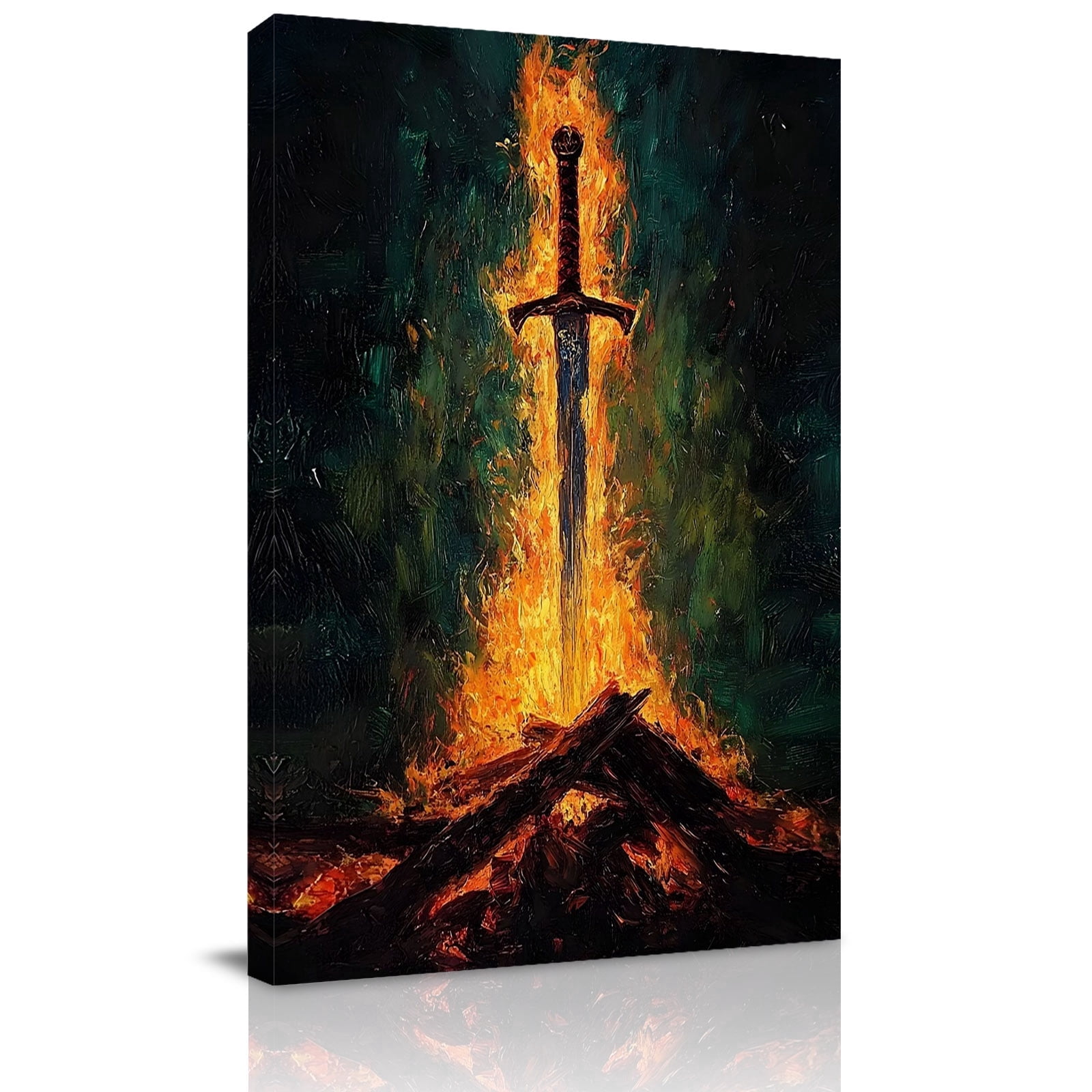 Canvas Wall Art Fire Sword Canvas Art Print Dramatic Burning Wood Gold ...