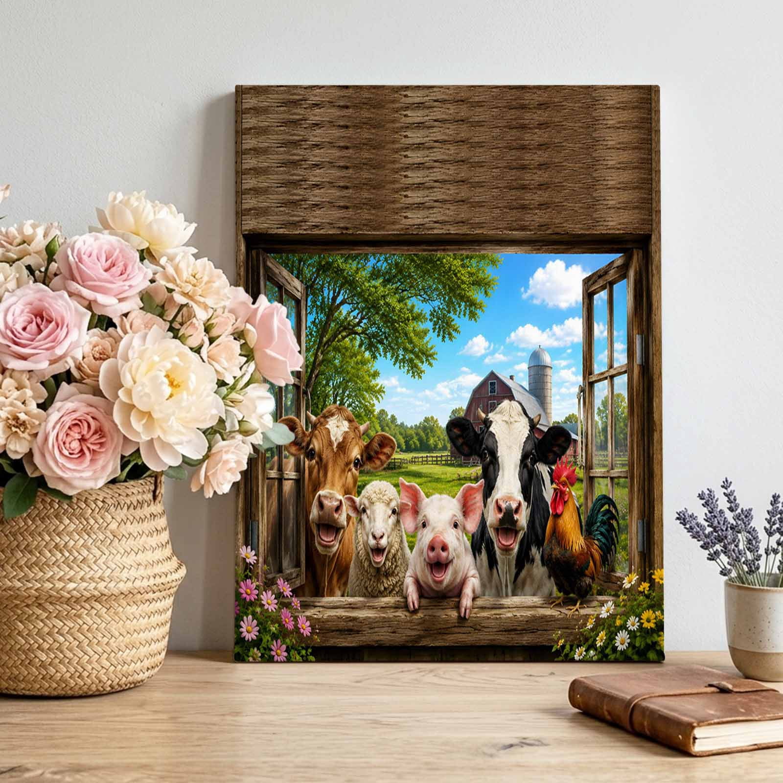 Canvas Wall Art Funny Window View Canvas Art Print Farmhouse Cow Pig ...