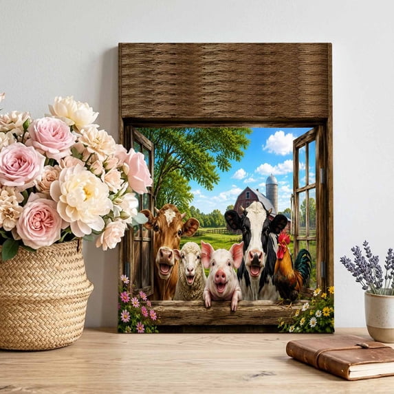 Canvas Wall Art Funny Window View Canvas Art Print Farmhouse Cow Pig ...
