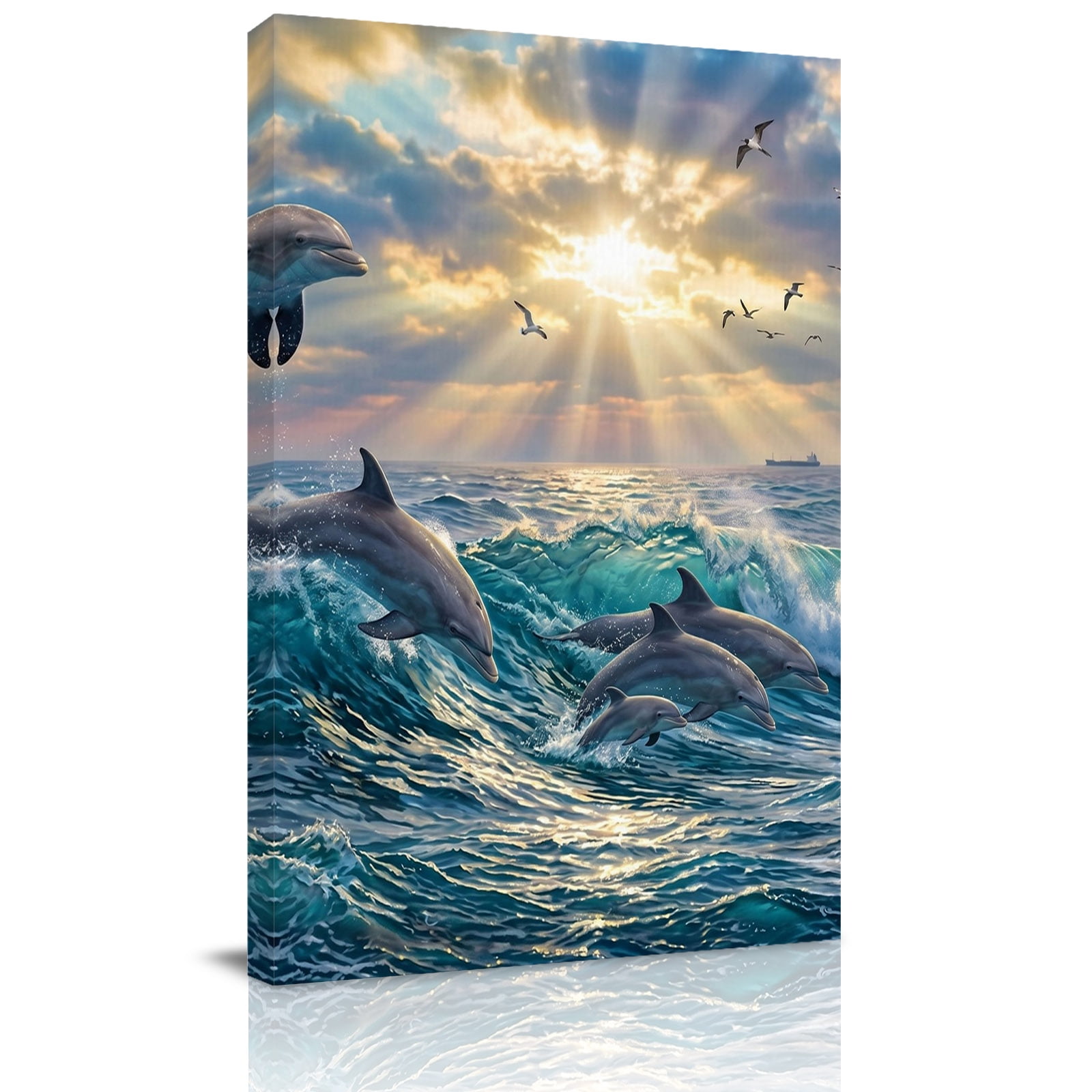 Canvas Wall Art Jumping Dolphins Canvas Art Print Ocean Waves Sun Rays ...