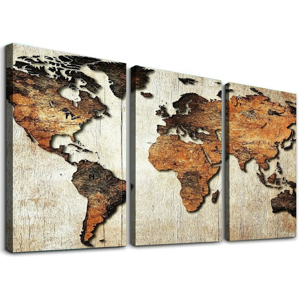 Canvas Wall Art Large Abstract World Map Brown Wood Grunge Framed ...