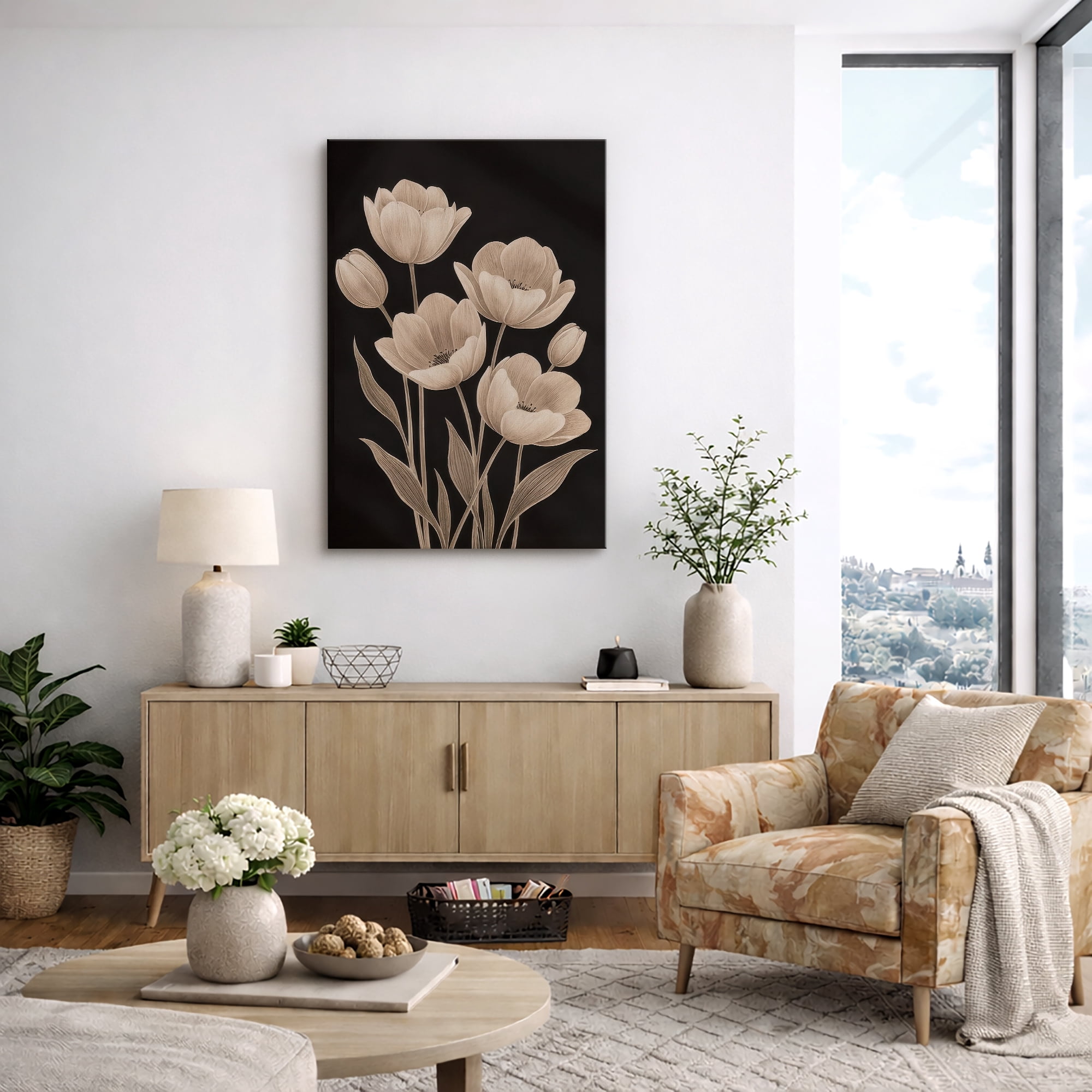 Canvas Wall Art Neutral Tulip Floral Print for Living Room Decoration ...