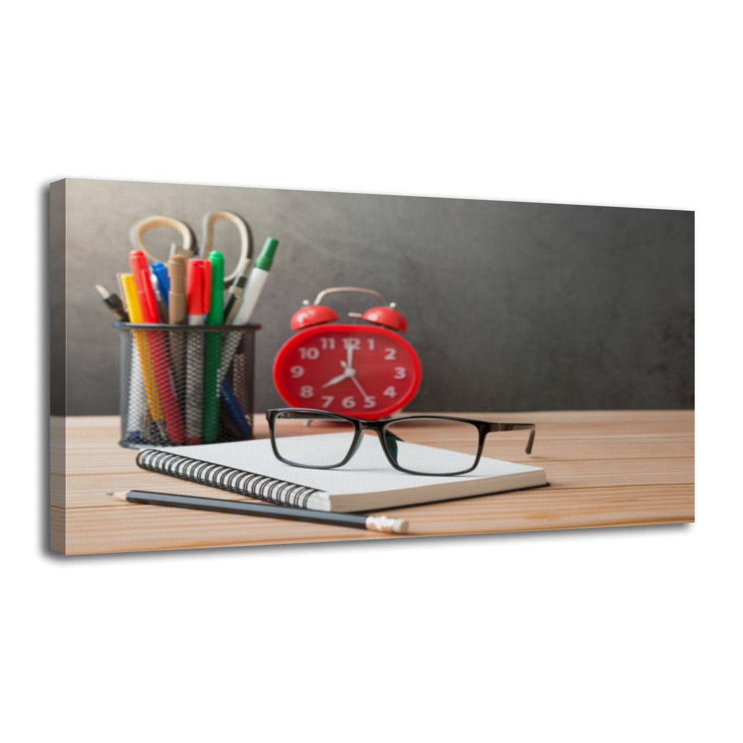 Canvas Wall Art Notebooks pens pencil holder glasses Red alarm clock ...
