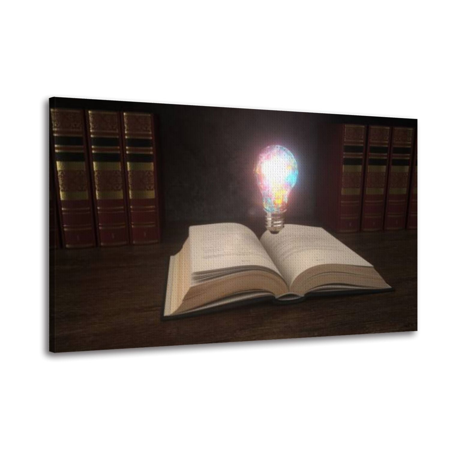 Canvas Wall Art Open Book Glowing Light Bulb Bookshelf 3D Wall Decor for Living Room Bathroom ...