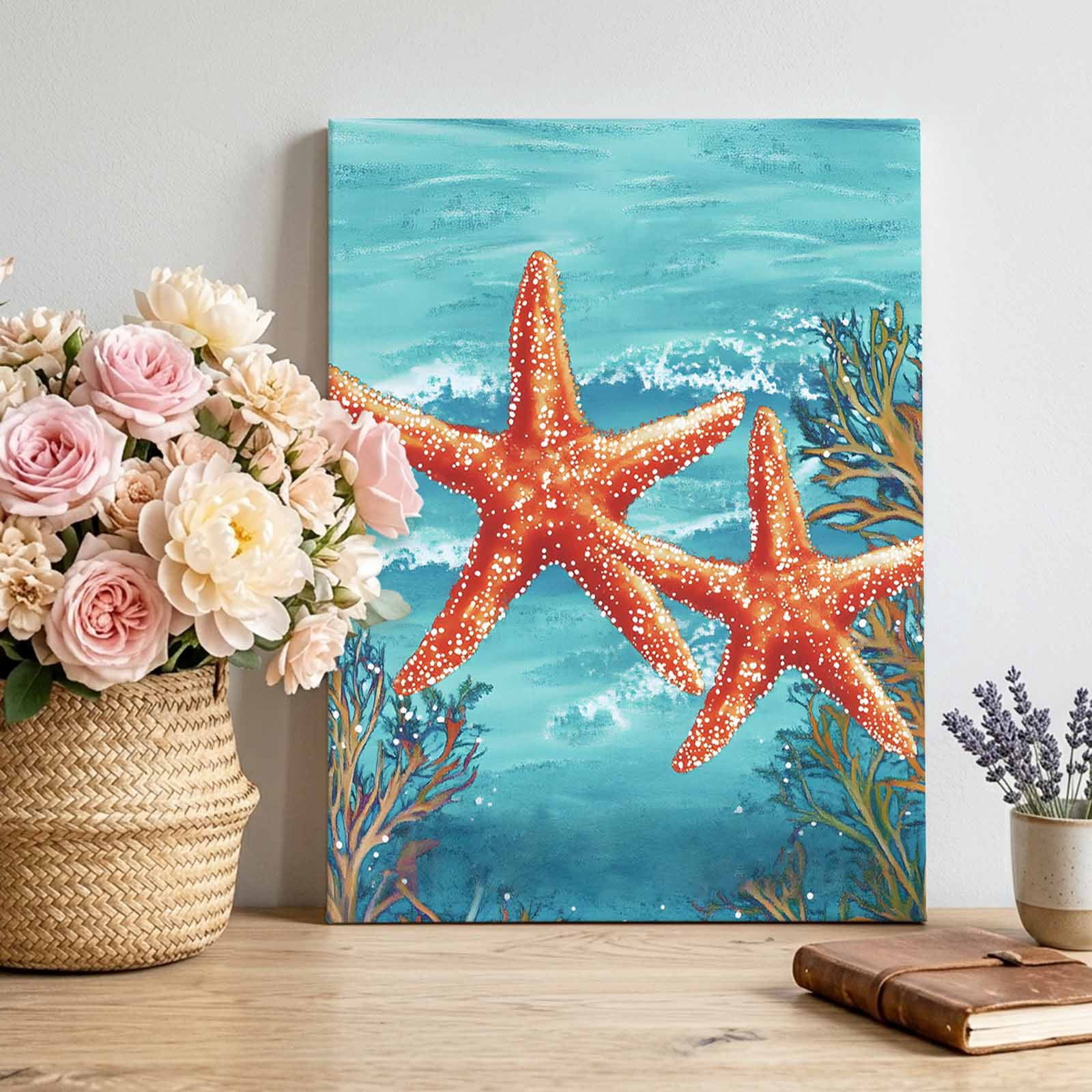 Canvas Wall Art Orange Starfish Canvas Art Print Seaweed Retro Pictures ...