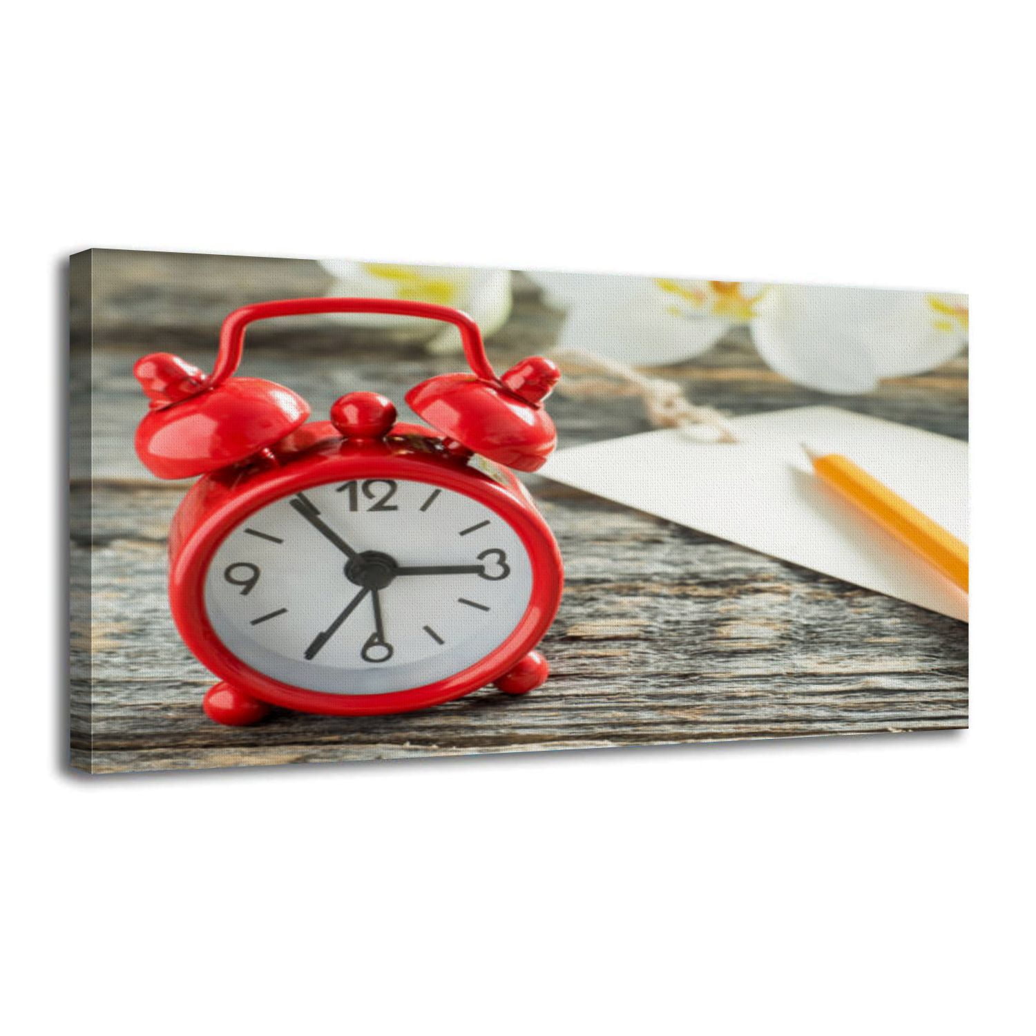 Canvas Wall Art Red alarm clock Notepad for writing pencil wooden ...